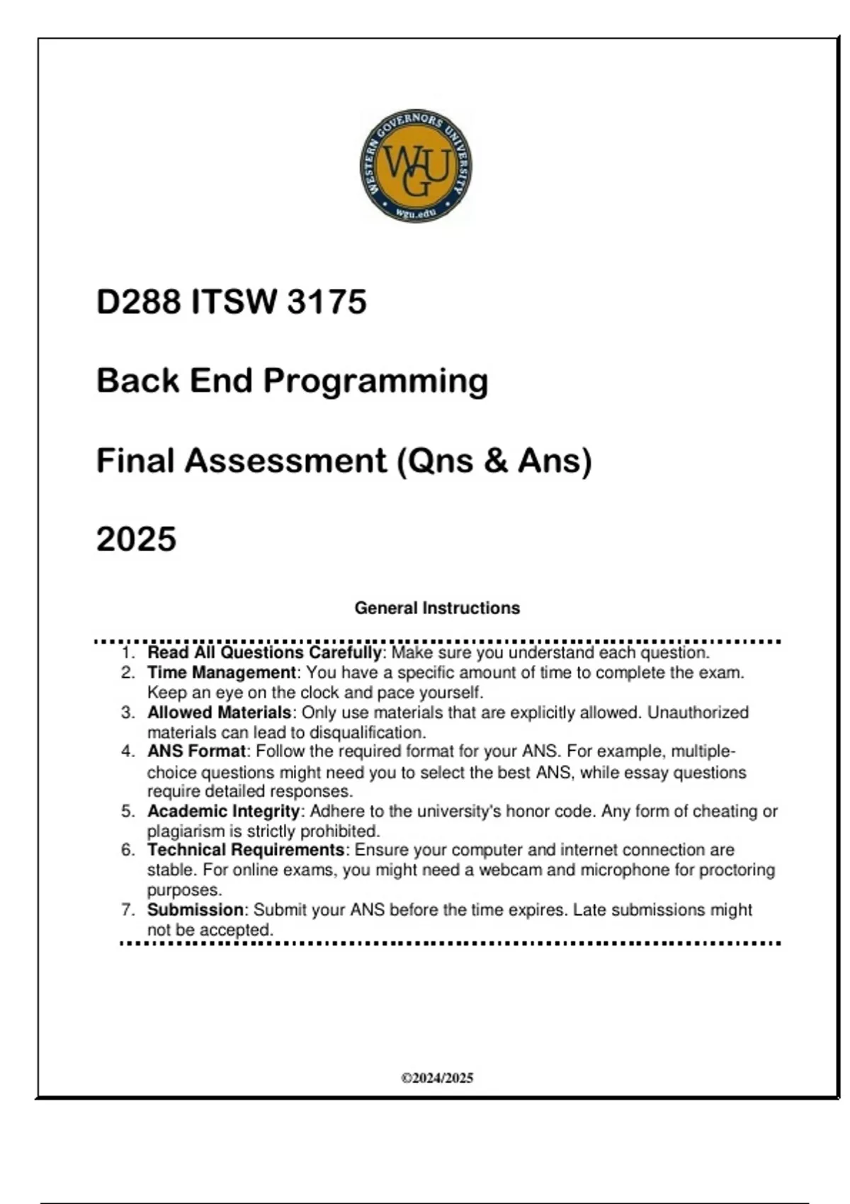 (WGU D288) ITSW 3175 Back End Programming Final Assessment ( Qns & Ans) 2025 - Information ...