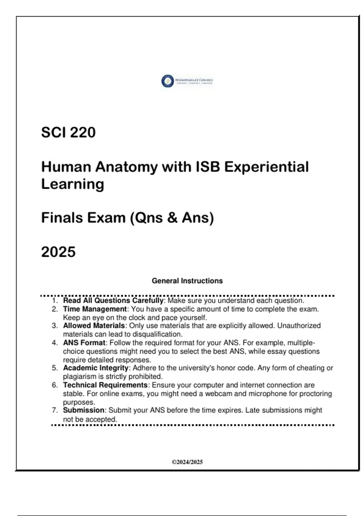 (Nightingale) SCI 220 Human Anatomy with ISB Experiential Learning ...