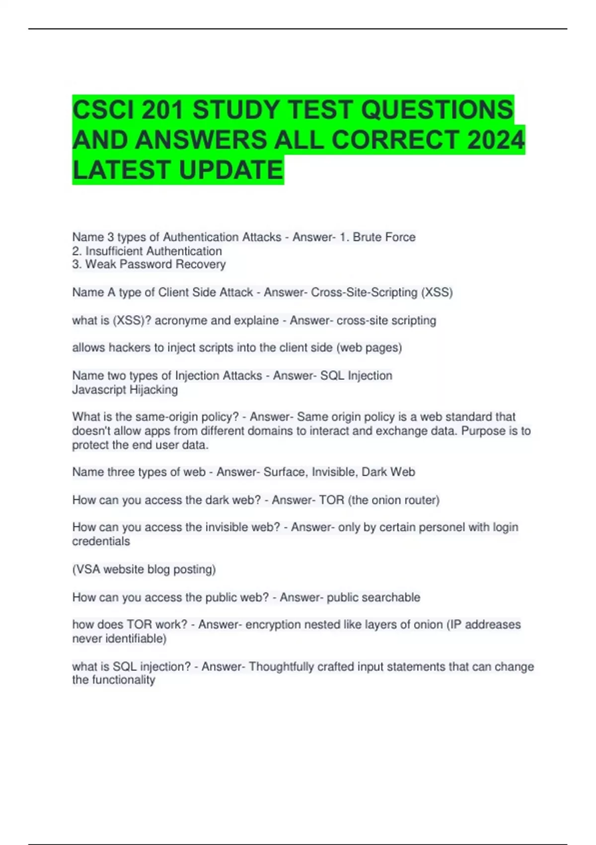 CSCI 201 STUDY TEST QUESTIONS AND ANSWERS ALL CORRECT 2024 LATEST ...