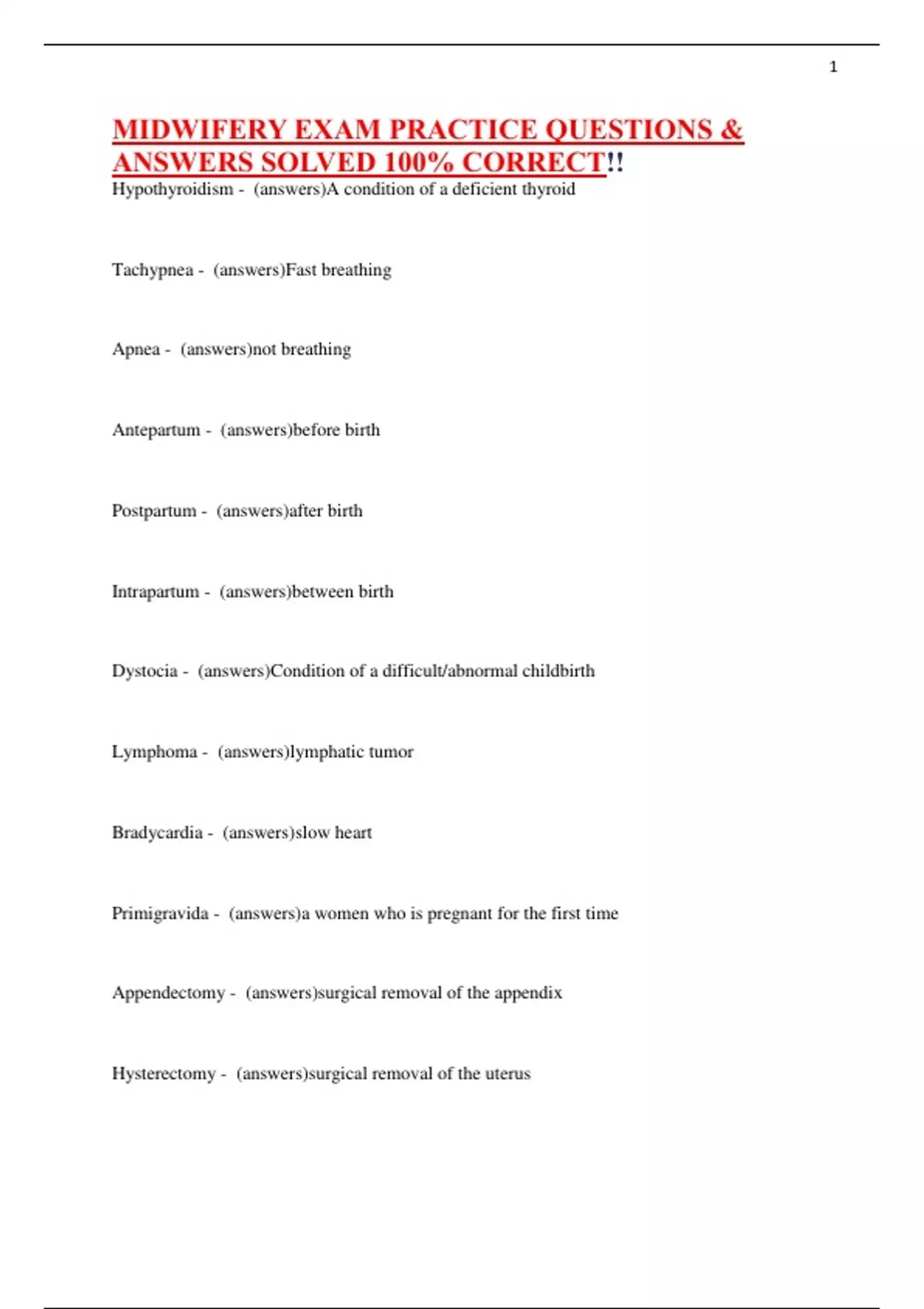 MIDWIFERY EXAM PRACTICE QUESTIONS & ANSWERS SOLVED 100% CORRECT ...