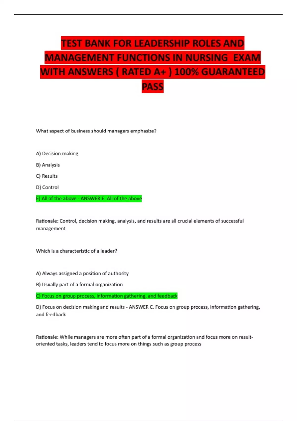 TEST BANK FOR LEADERSHIP ROLES AND MANAGEMENT FUNCTIONS IN NURSING EXAM ...