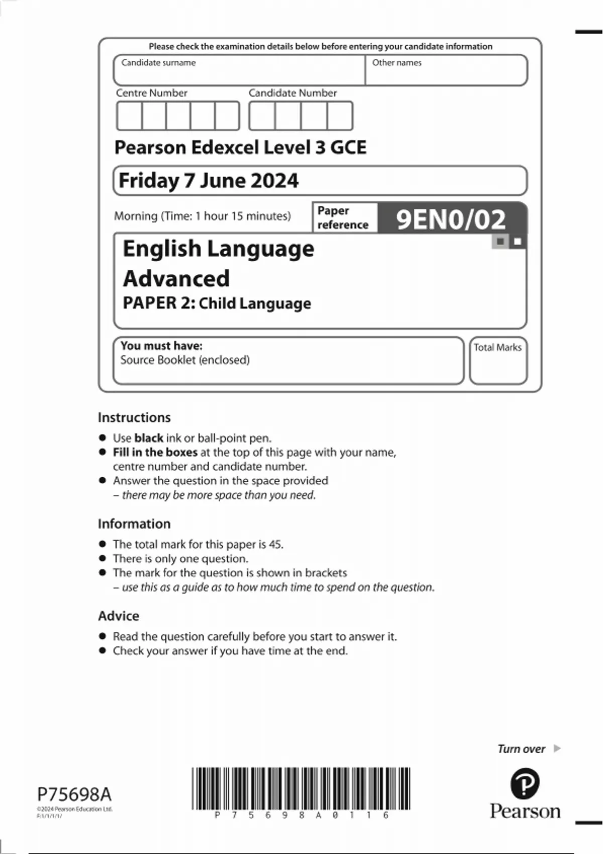 2024 Pearson Edexcel A Level English Language Paper 2 (9ENO/02: Child ...