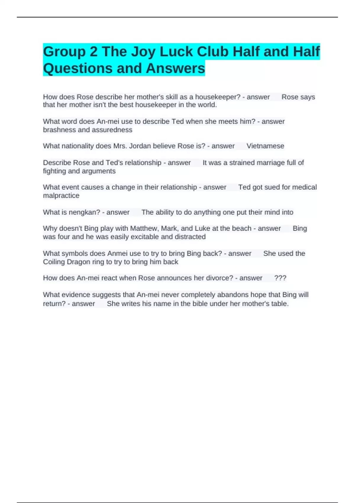 Group 2 The Joy Luck Club Half and Half Questions and Answers - CLU ...