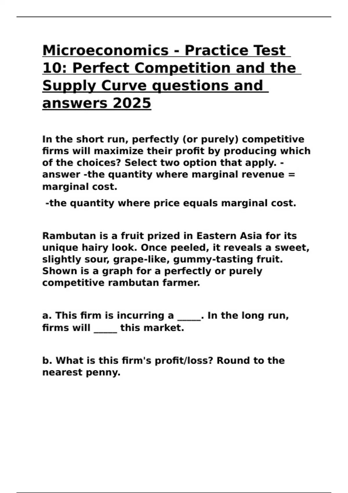 Microeconomics - Practice Test 10 Perfect Competition and the Supply ...