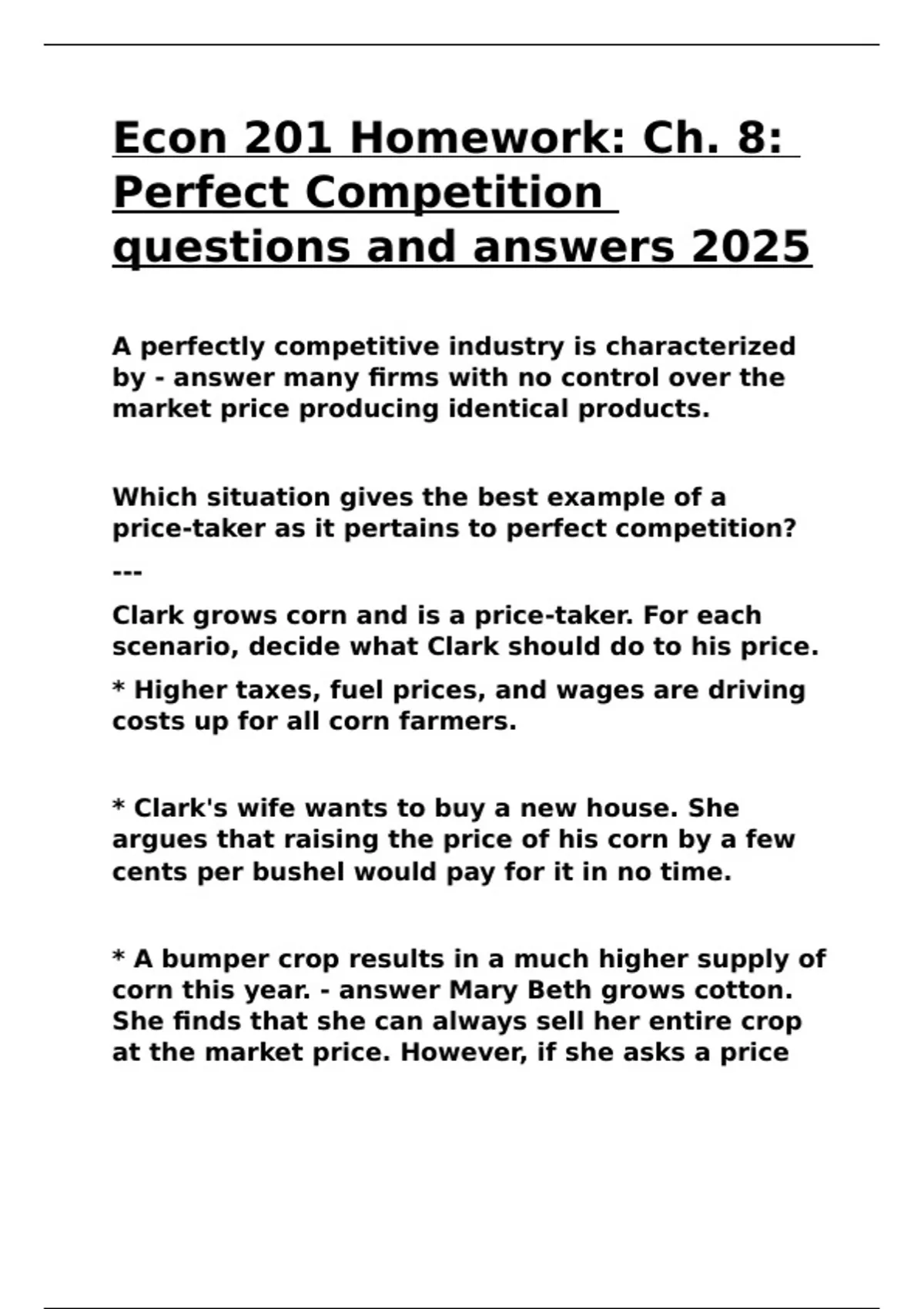 Econ 201 Homework Ch. 8 Perfect Competition questions and answers 2025 ...