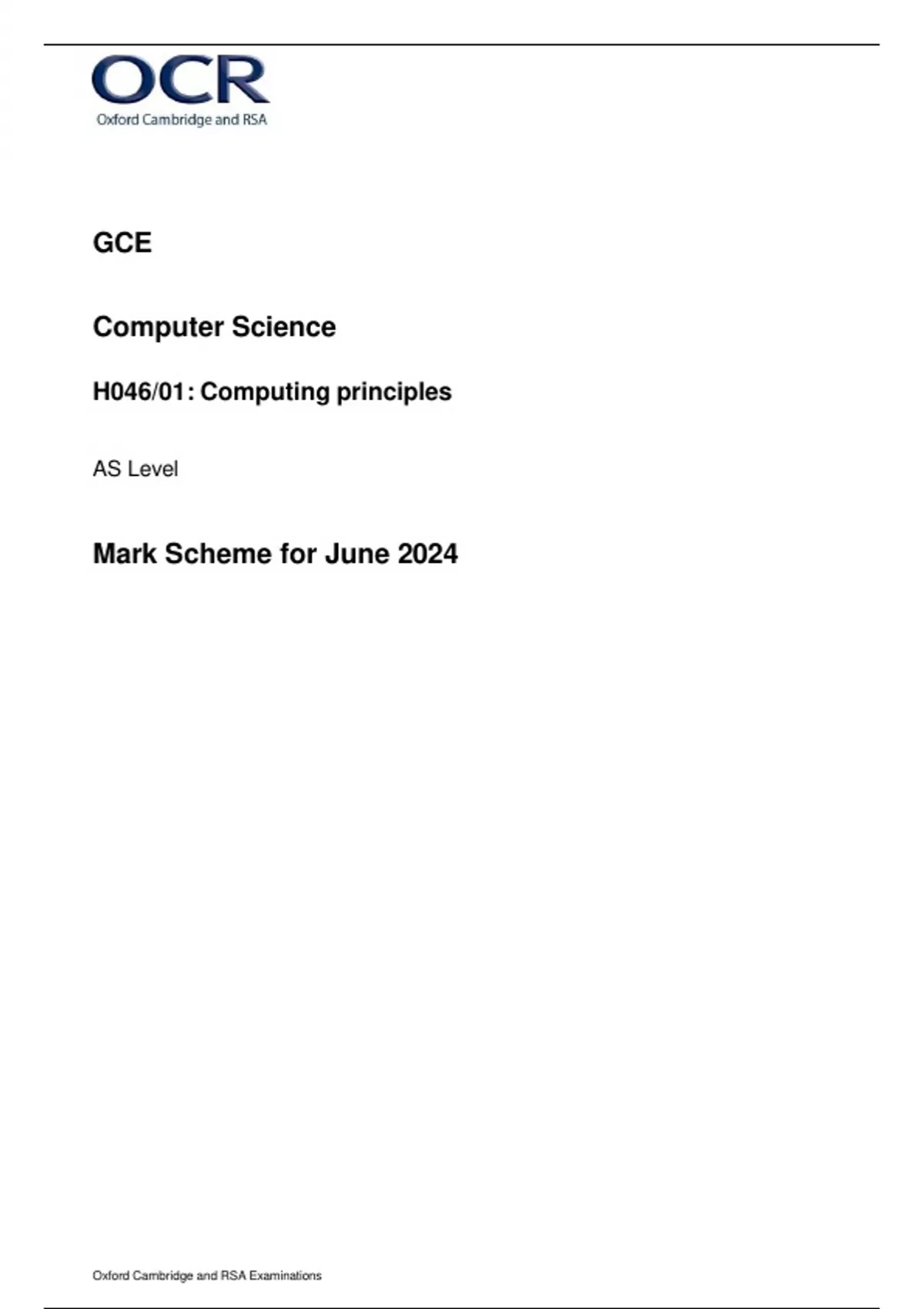 2024 OXFORD CAMBRIDGE AND RSA GCE Computer Science H046/01: Computing principles AS Level ...