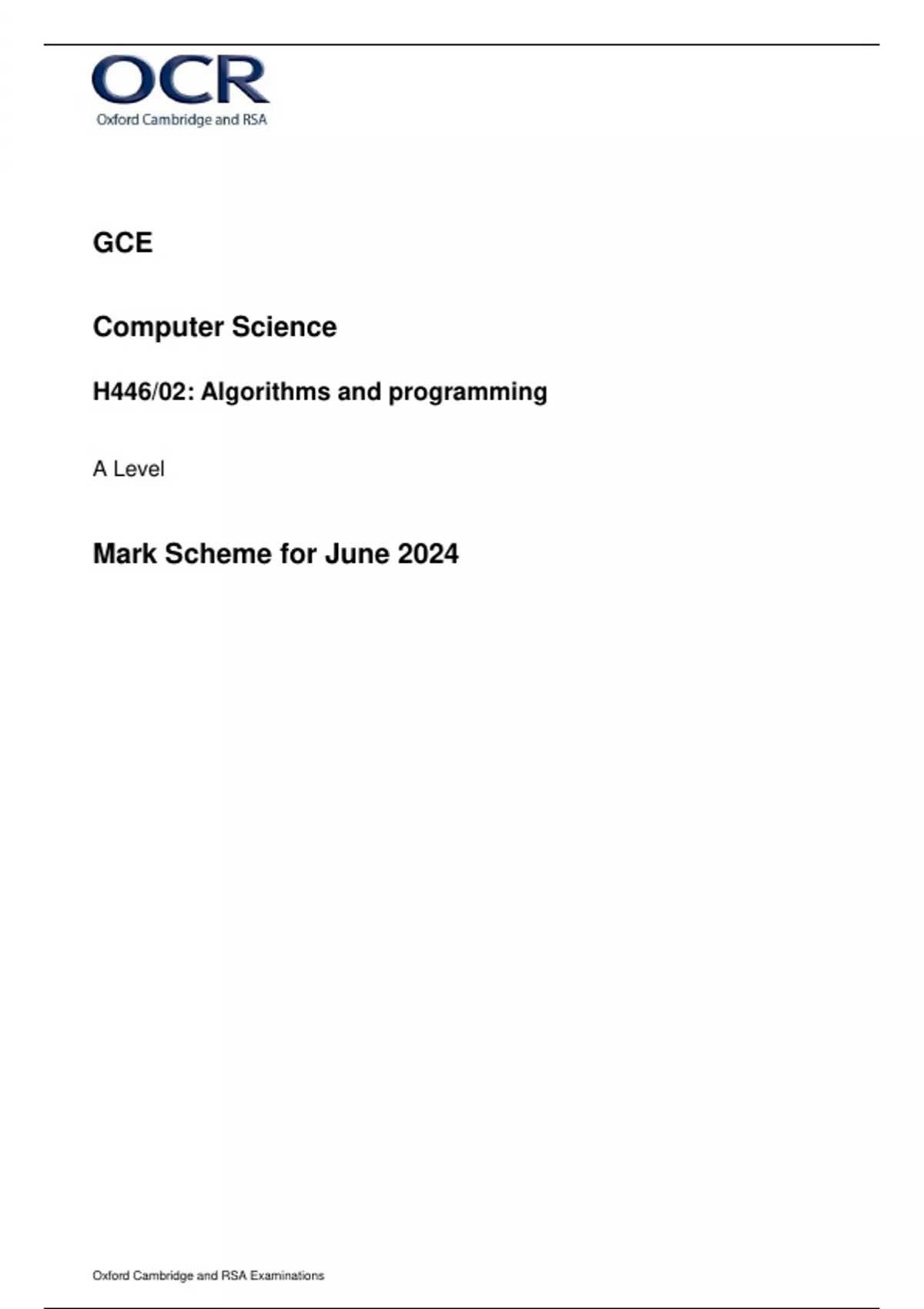 2024 OXFORD CAMBRIDGE AND RSA GCE Computer Science H446/02: Algorithms and programming A Level ...