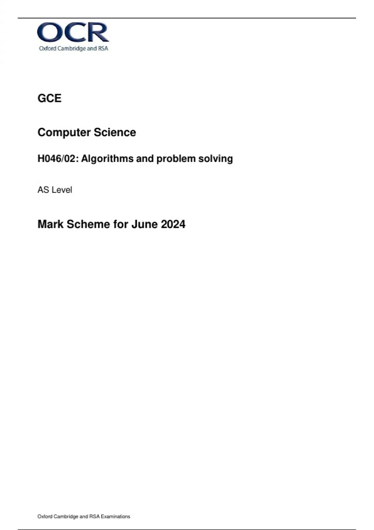 2024 OXFORD CAMBRIDGE AND RSA GCE Computer Science H046/02: Algorithms ...