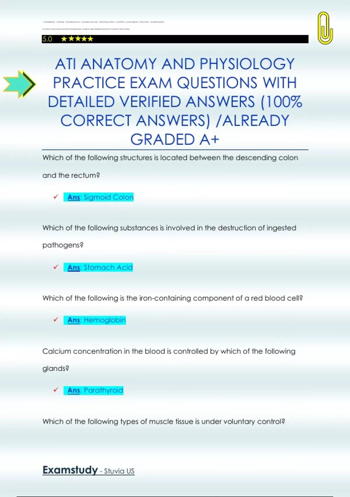 ATI ANATOMY AND PHYSIOLOGY PRACTICE EXAM QUESTIONS WITH DETAILED ...