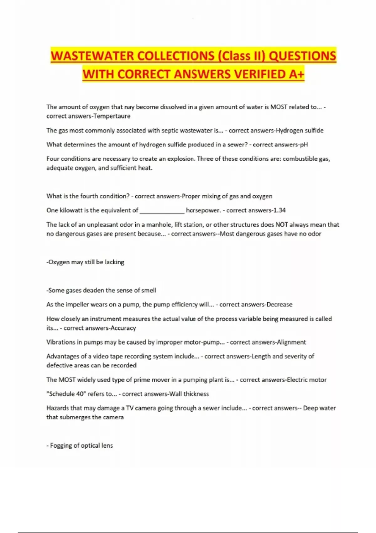 WASTEWATER COLLECTIONS (Class II) QUESTIONS WITH CORRECT ANSWERS ...