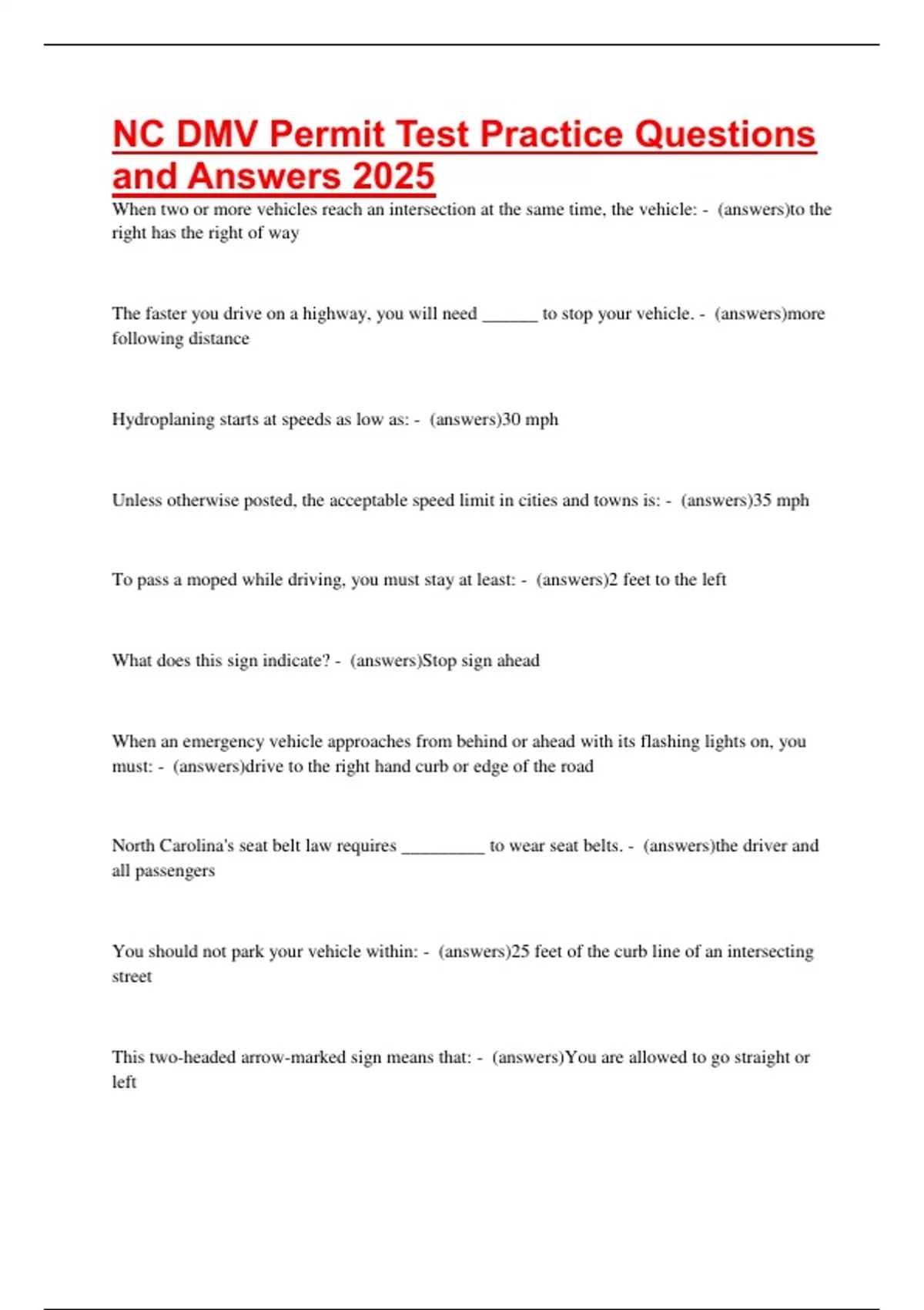 NC DMV Permit Test Practice Questions and Answers 2025 - NC DMV Permit ...