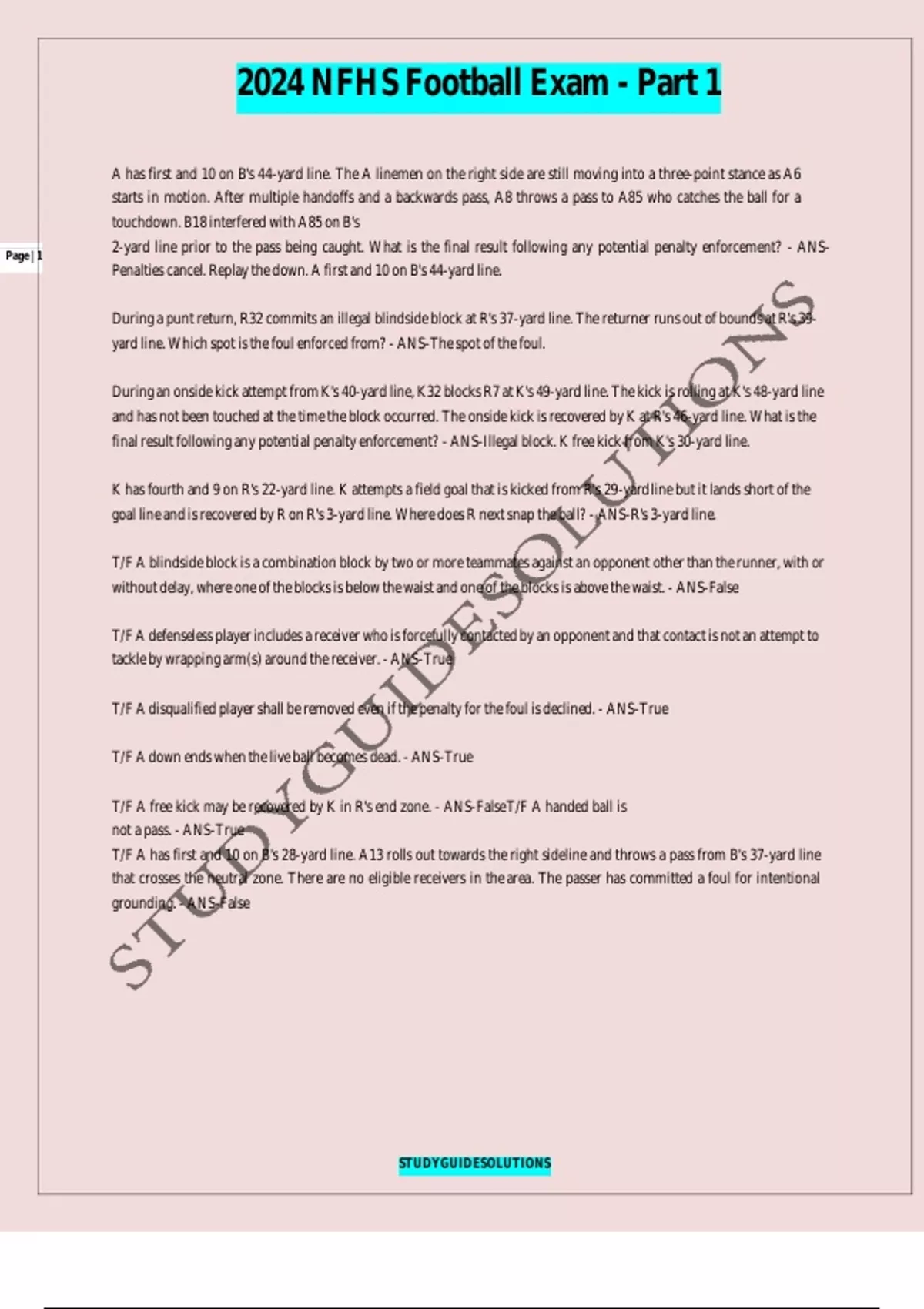 2024 NFHS Football Exam - Part 1 - 2024 NFHS Football Part 1 - Stuvia US