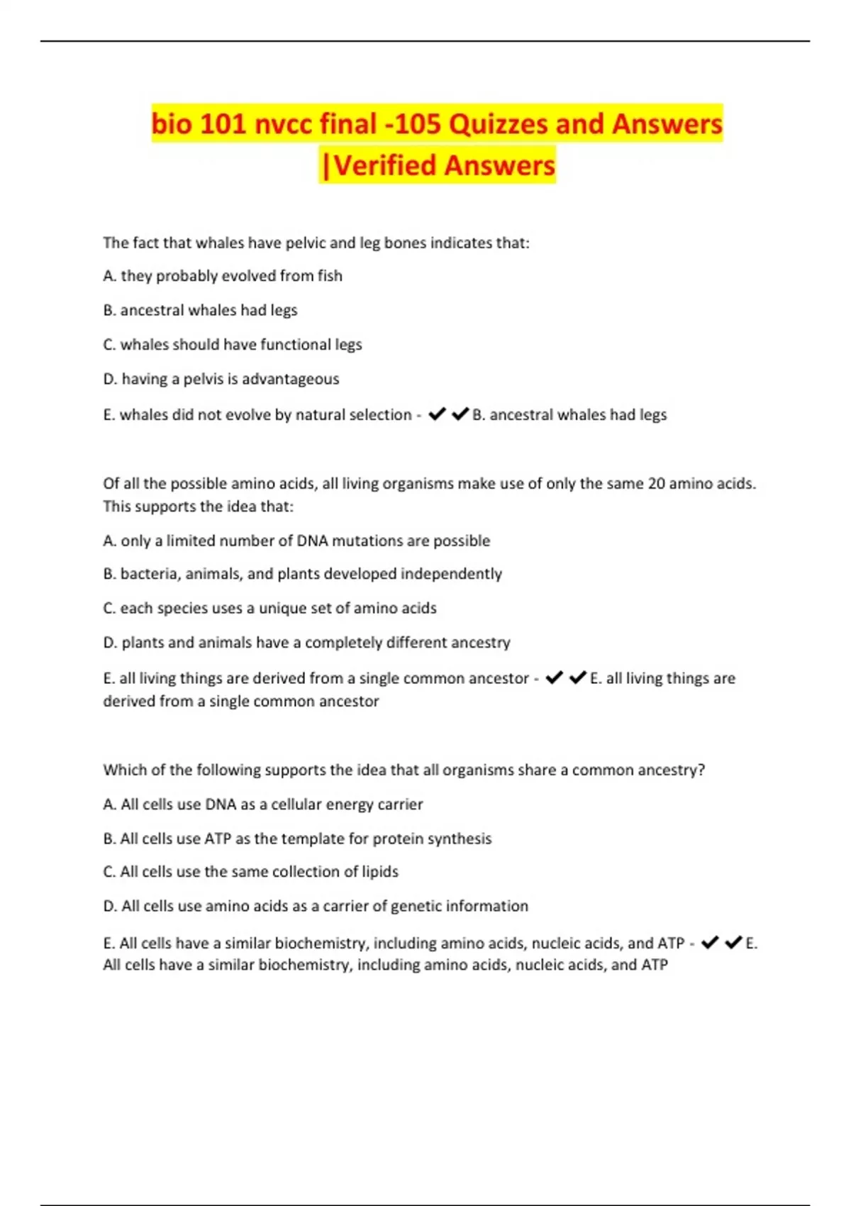 bio 101 nvcc final -105 Quizzes and Answers |Verified Answers - NVCC ...