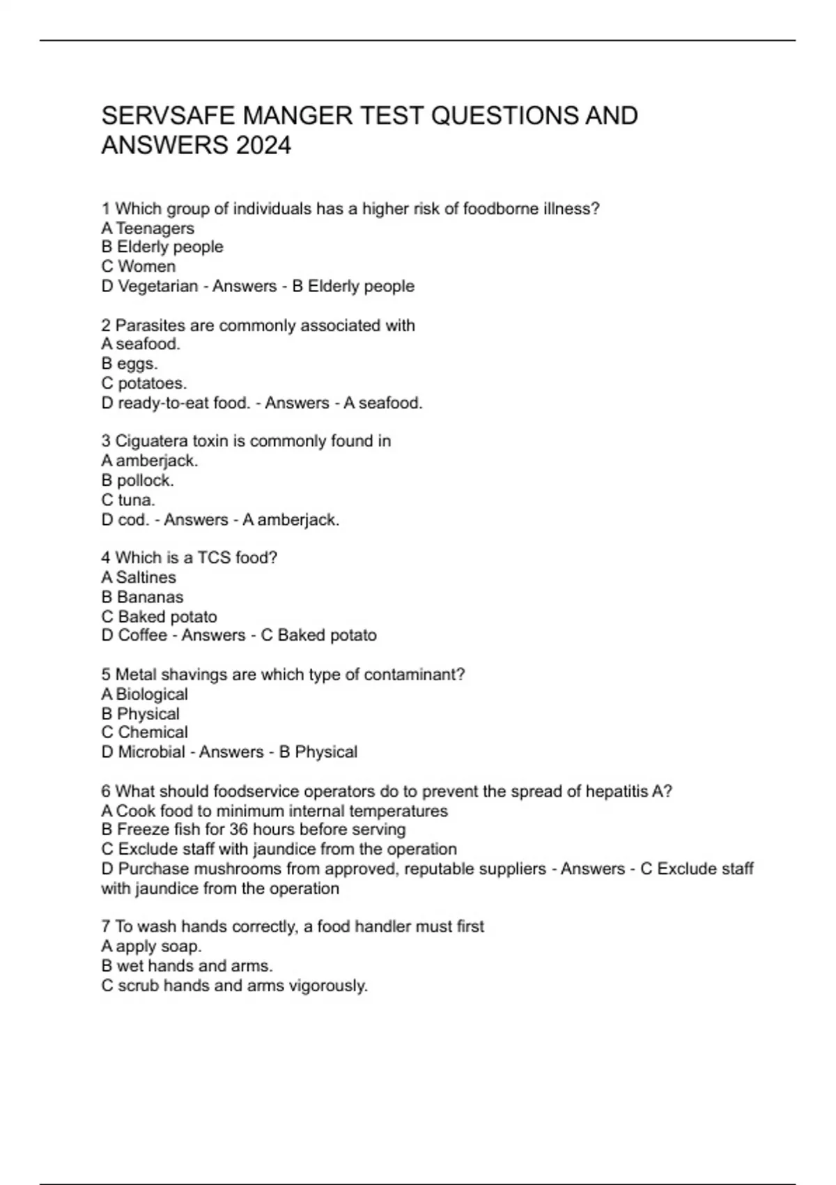 SERVSAFE MANGER TEST QUESTIONS AND ANSWERS 2024 - ServSafe Manager ...