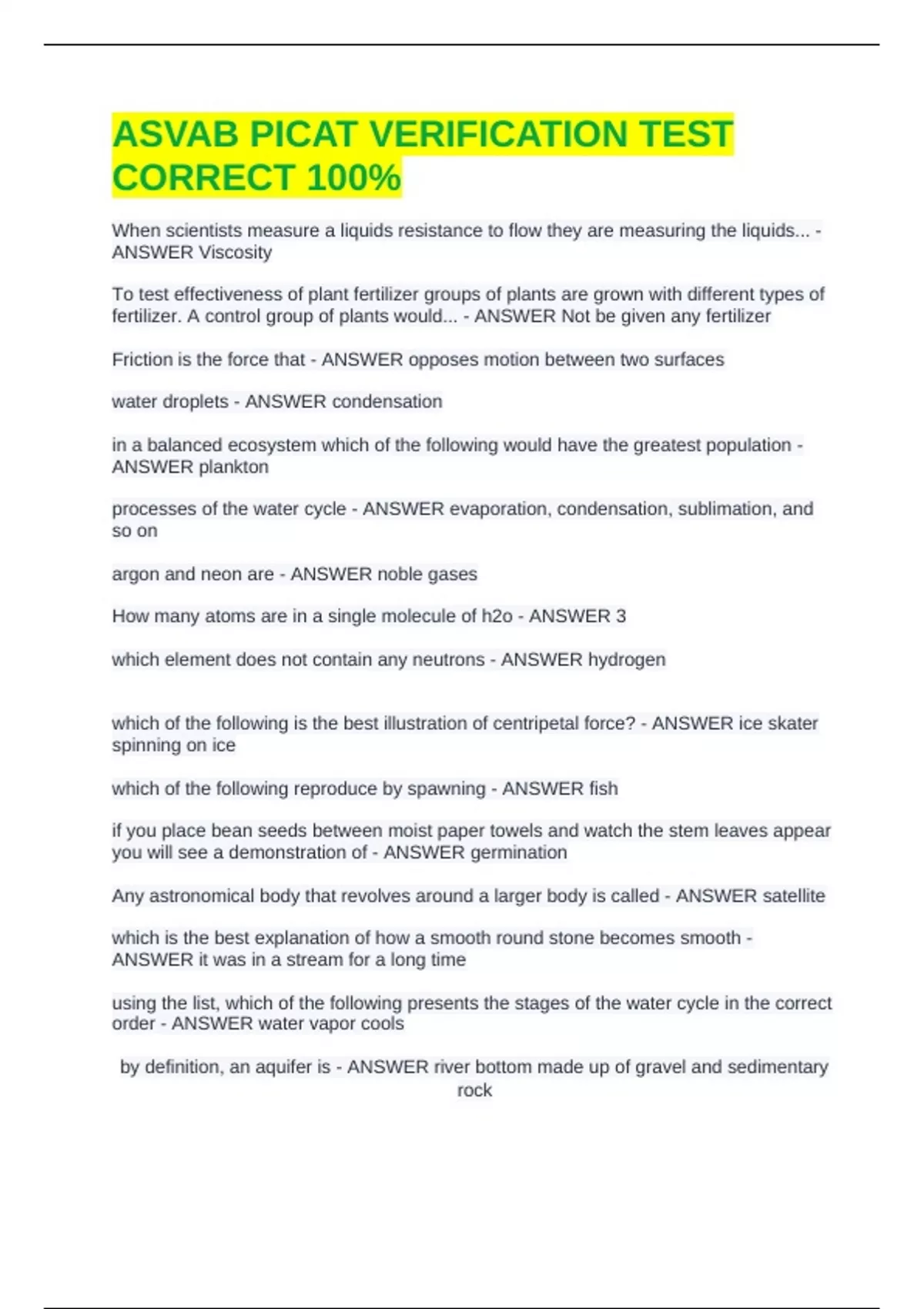 PICAT/ASVAB Correct Questions & Answers(RATED A+) EXAM BUNDLE - Stuvia US