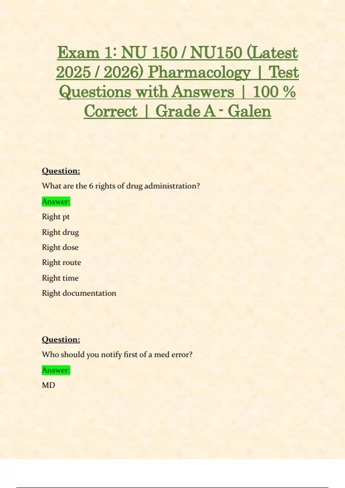 Exam 1: NU 150 / NU150 (Latest 2025 / 2026) Pharmacology | Test ...