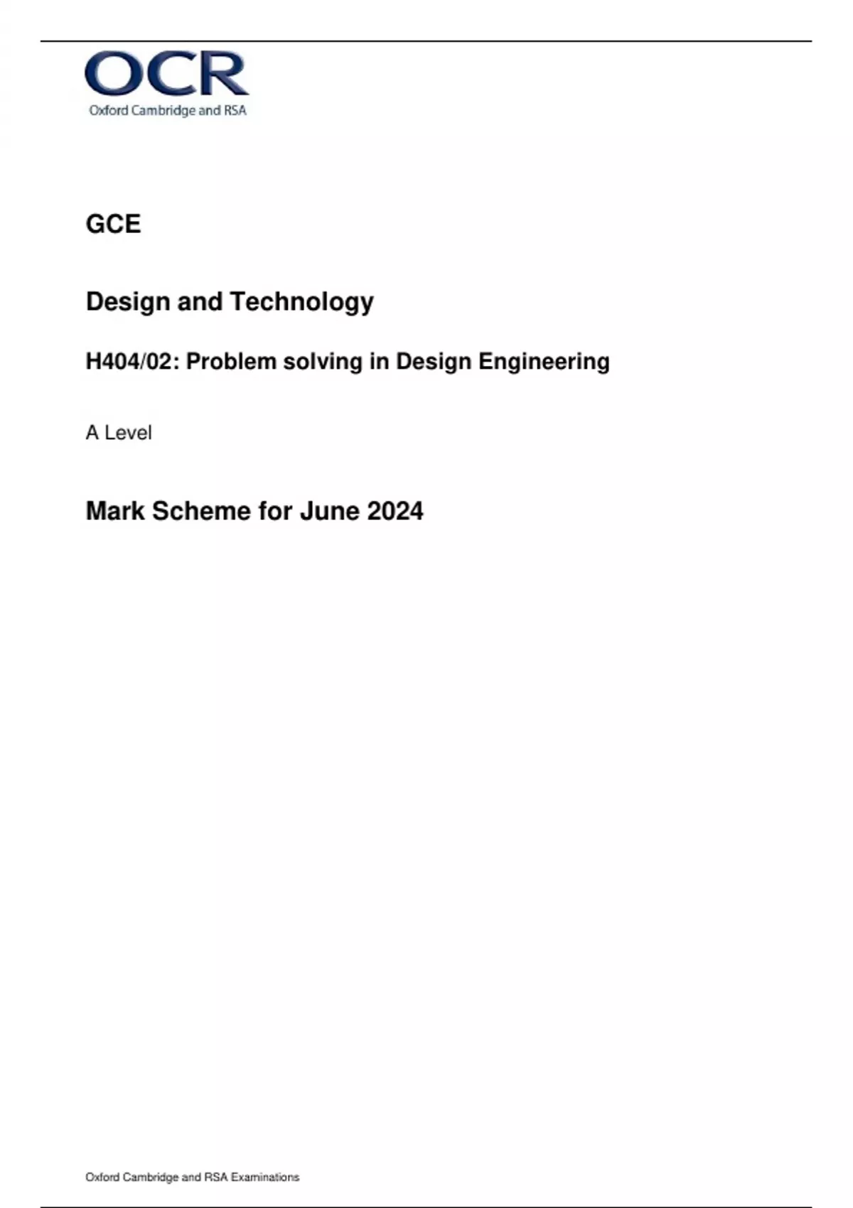 2024 OXFORD CAMBRIDGE AND RSA GCE Design and Technology H404/02: Problem solving in Design ...