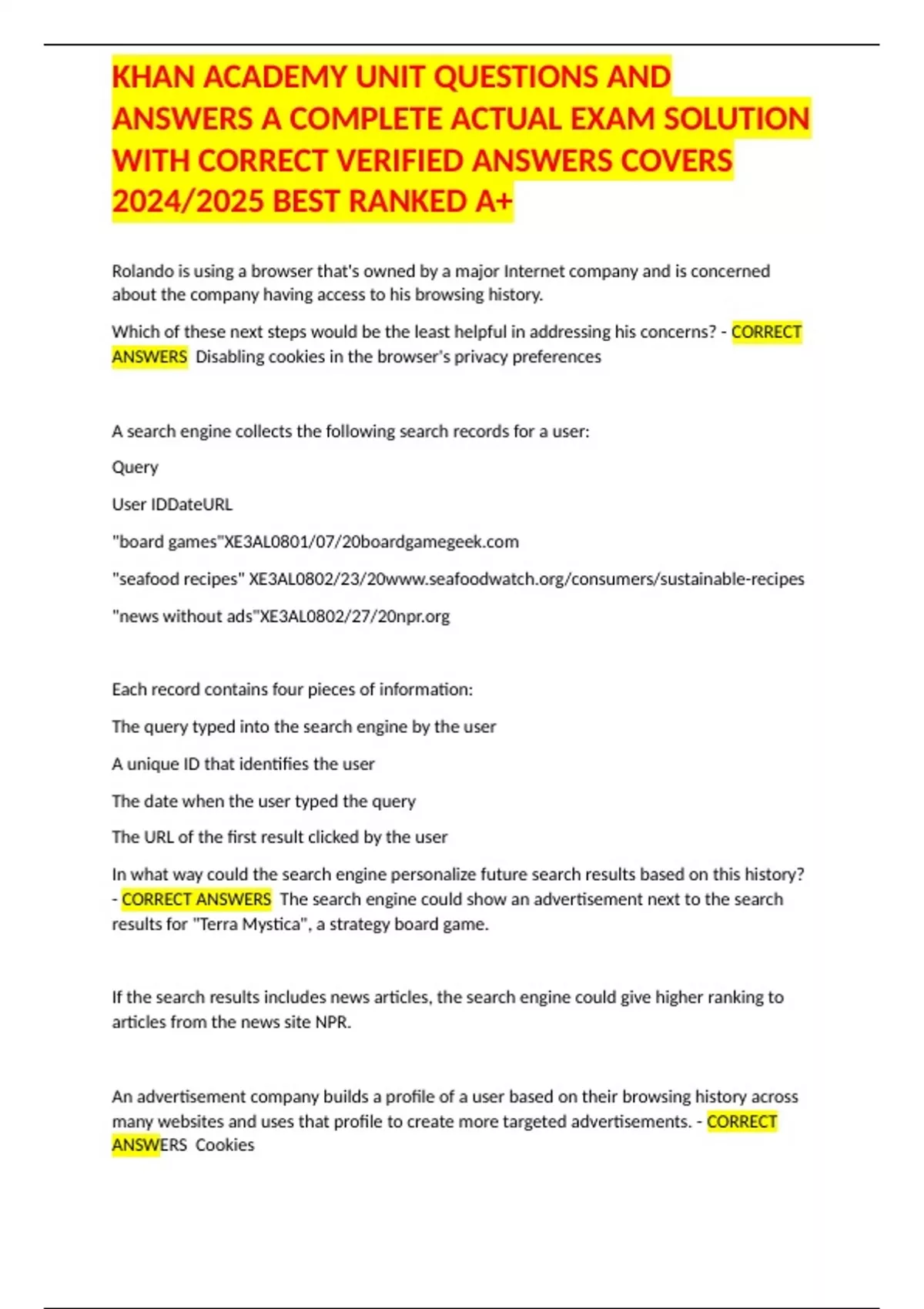 KHAN ACADEMY UNIT QUESTIONS AND ANSWERS A COMPLETE ACTUAL EXAM SOLUTION ...