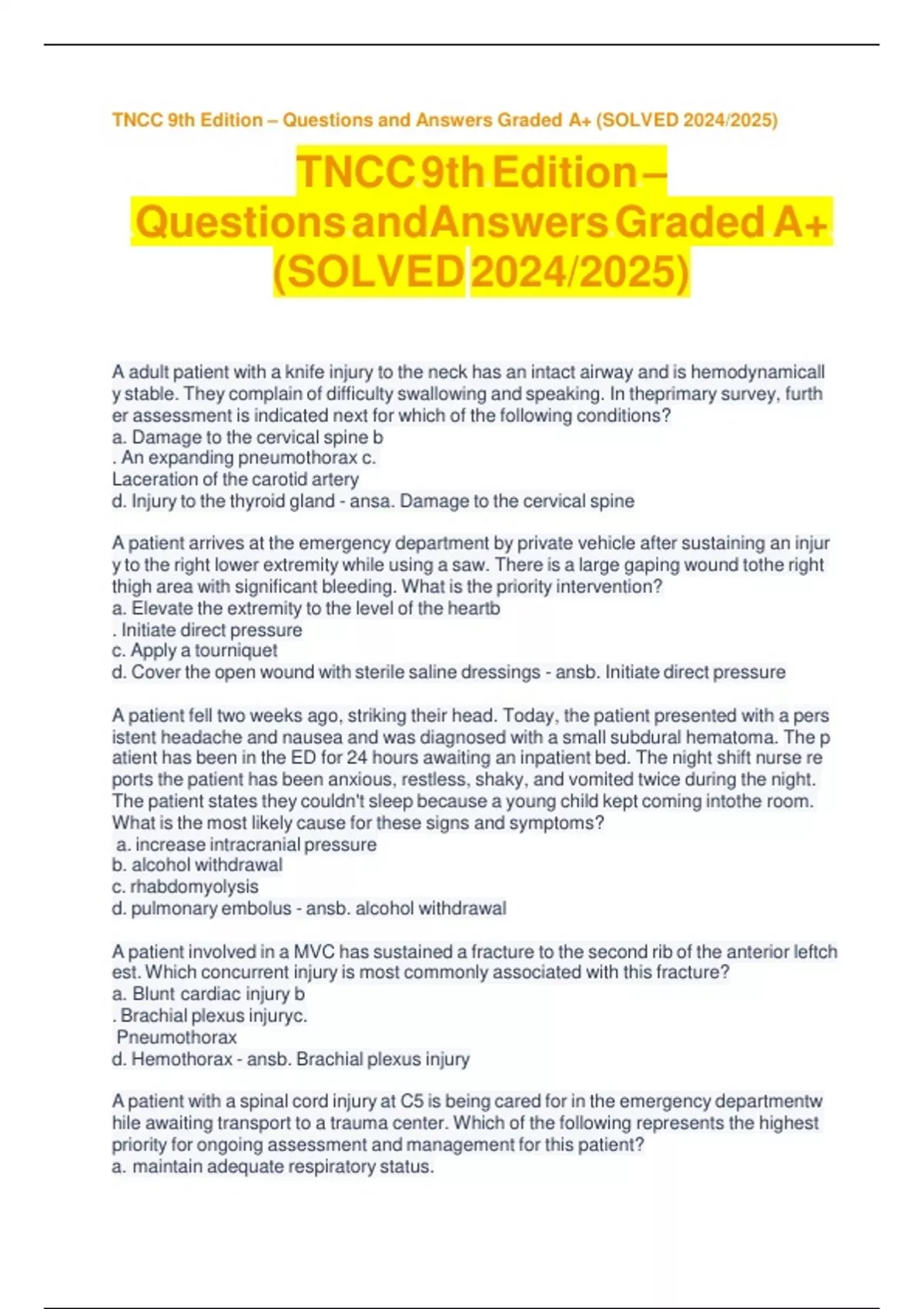 Tncc 9th edition questions and answers graded a solved - Tncc 9th ...