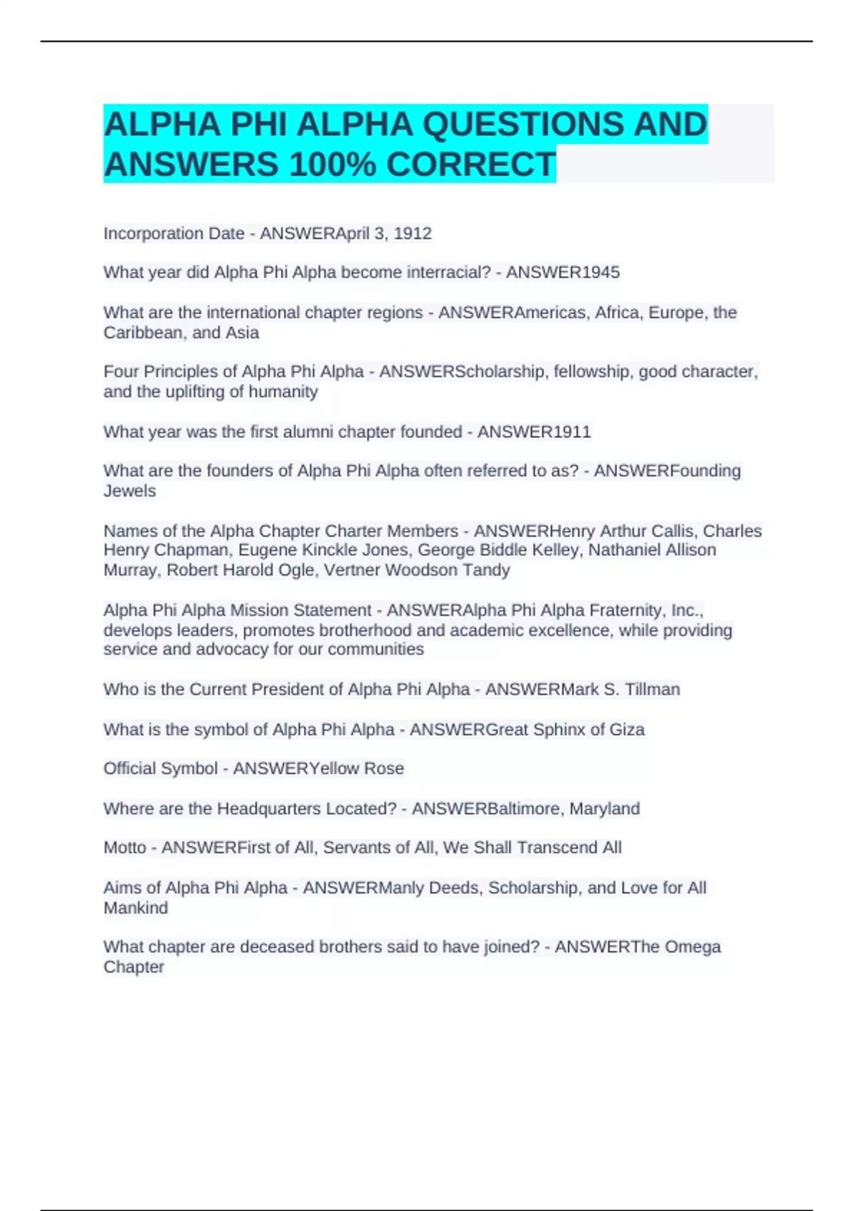 ALPHA PHI ALPHA QUESTIONS AND ANSWERS 100% CORRECT - Alpha Phi Alpha ...