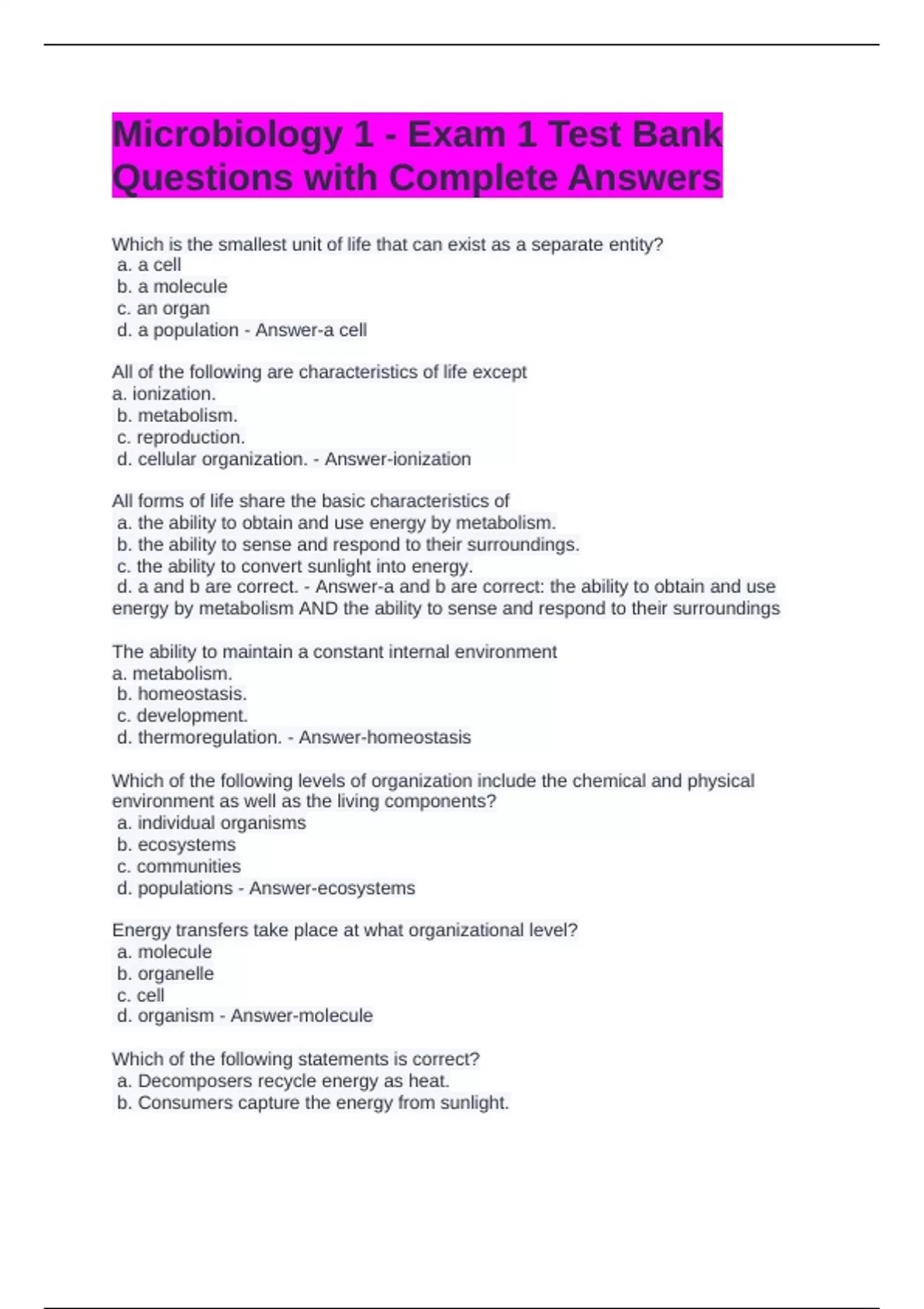 Microbiology 1 - Exam 1 Test Bank Questions with Complete Answers ...