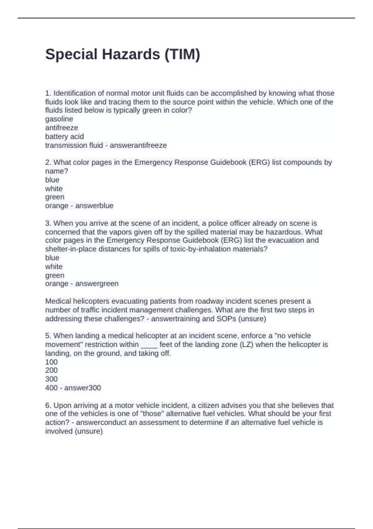 Special Hazards (TIM) Questions and Answers - TIMS - Stuvia US