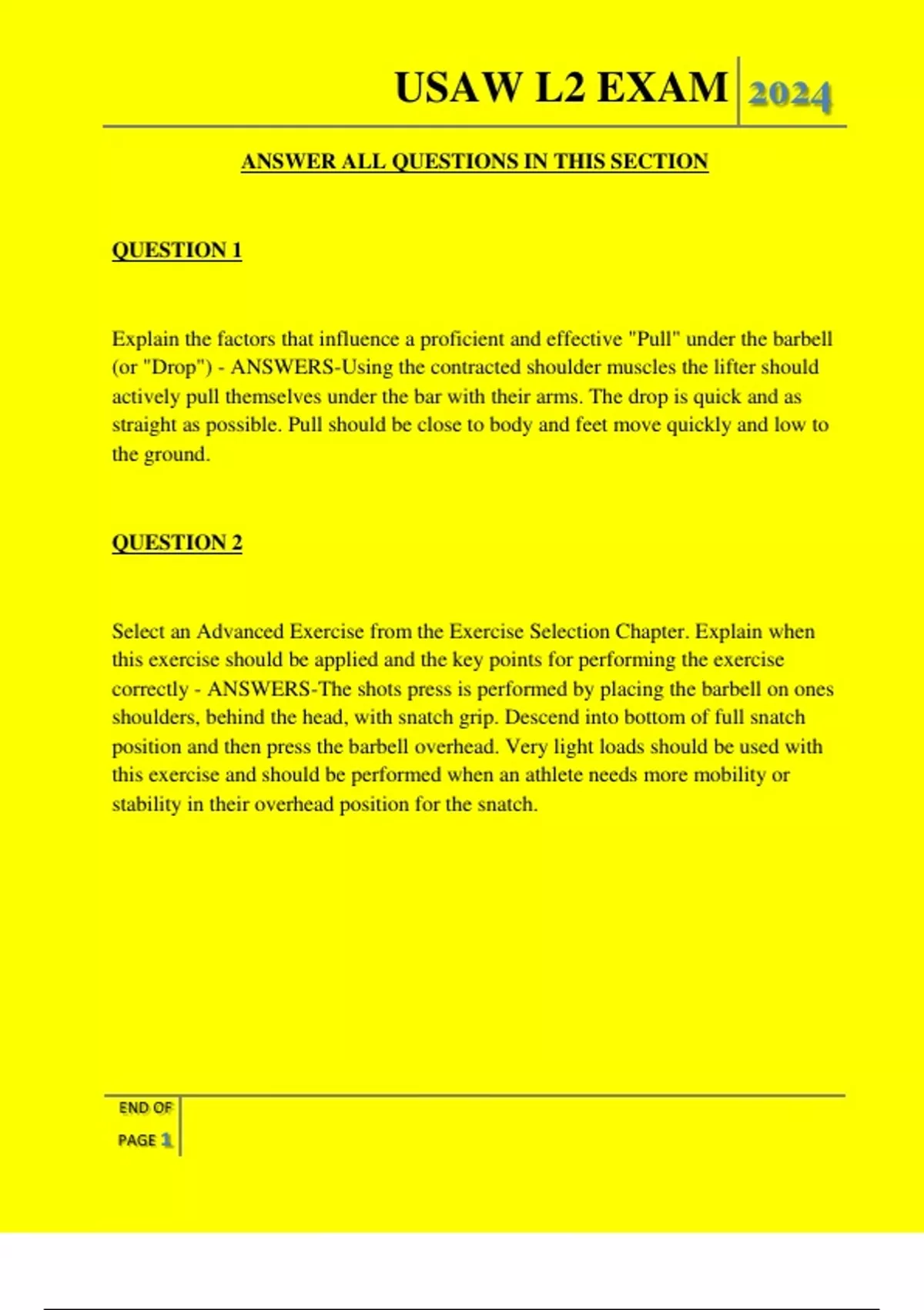 USAW L2 EXAM QUESTIONS AND ANSWERS 2024 - USAW L2 - Stuvia US