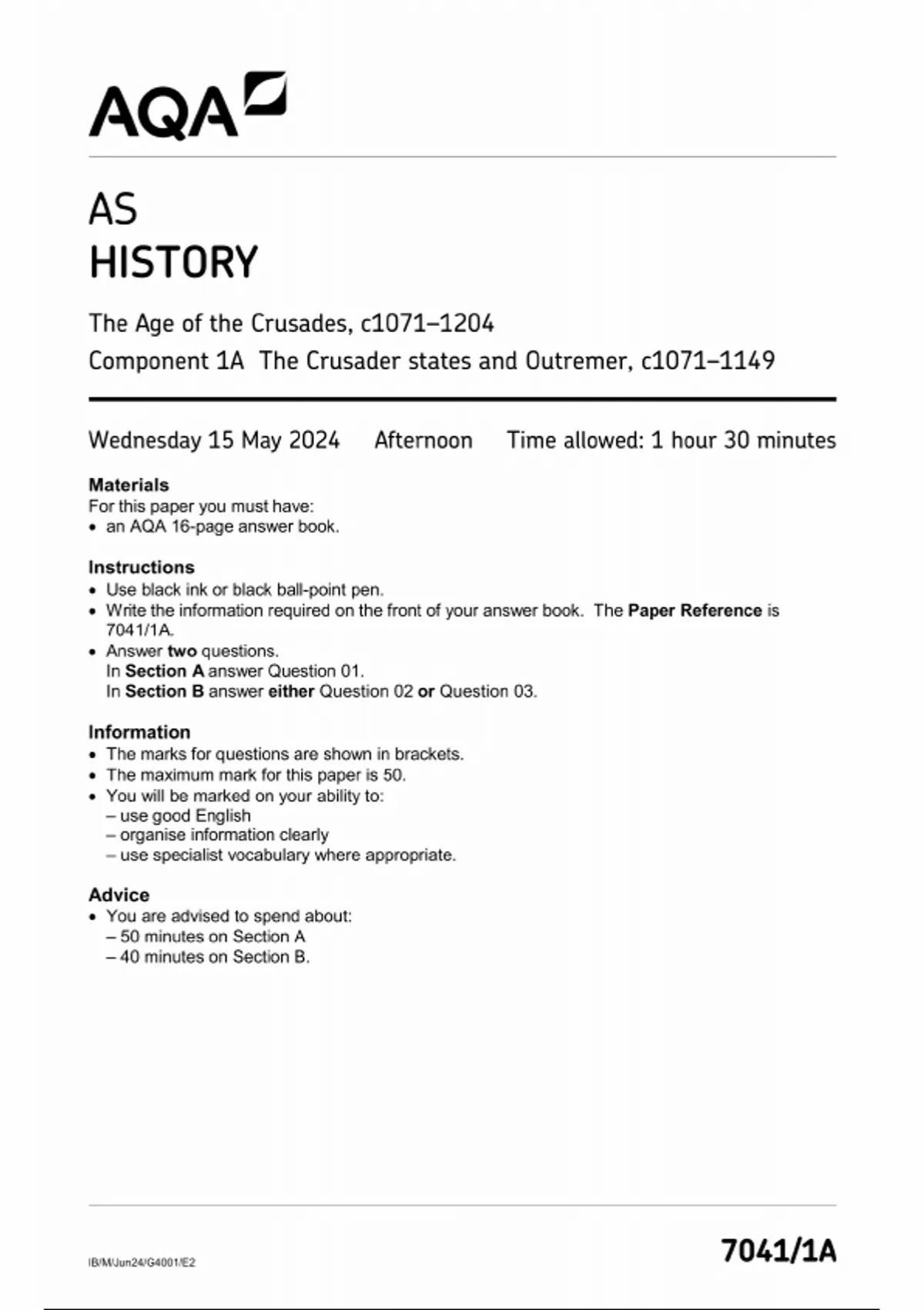 AQA AS HISTORY PAPER 1 2024 QUESTION paper and mark scheme bundle (7041 ...