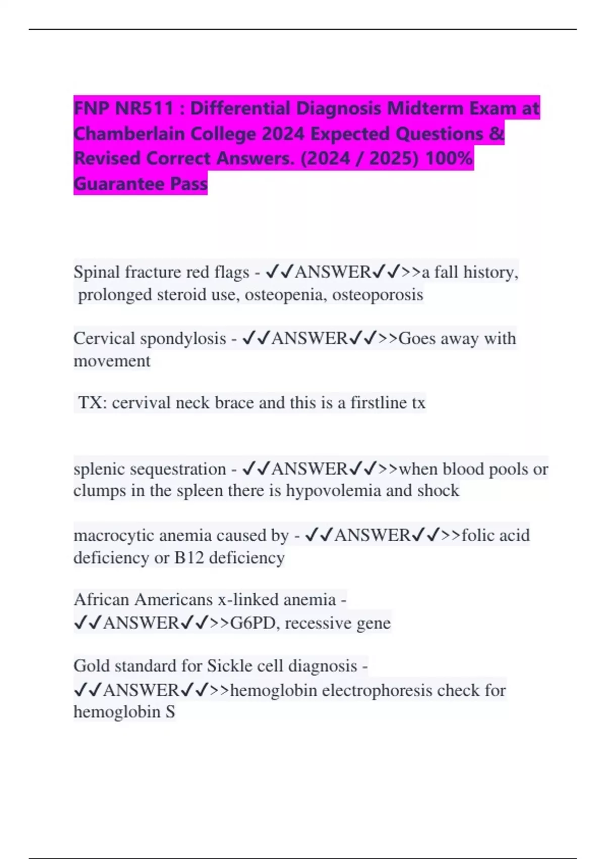 FNP NR511 : Differential Diagnosis Midterm Exam at Chamberlain College ...