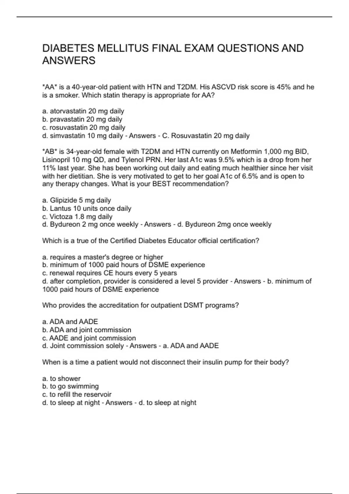 DIABETES MELLITUS FINAL EXAM QUESTIONS AND ANSWERS - DIABETES MELLITUS ...