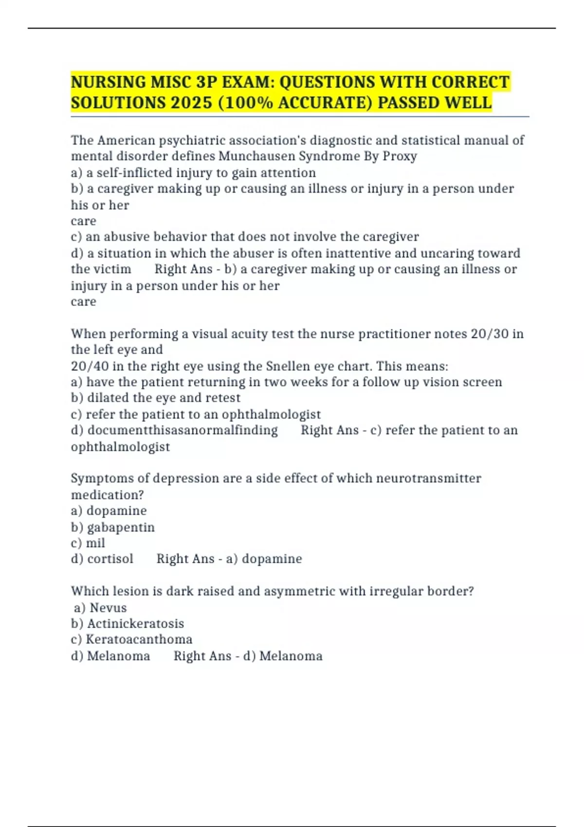 NURSING MISC 3P EXAM: QUESTIONS WITH CORRECT SOLUTIONS 2025 (100% ...