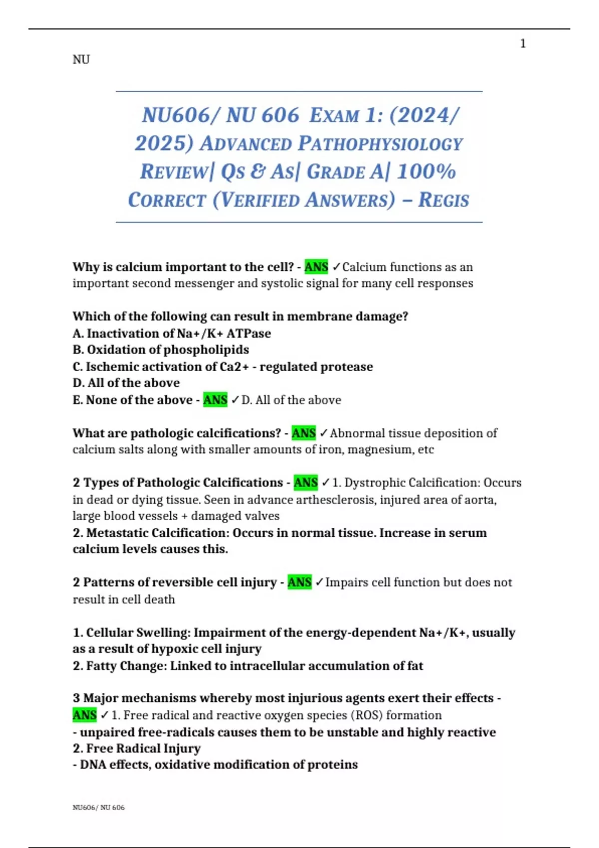 NU606/ NU 606 EXAM 1: (2024/ 2025) ADVANCED PATHOPHYSIOLOGY REVIEW| QS ...