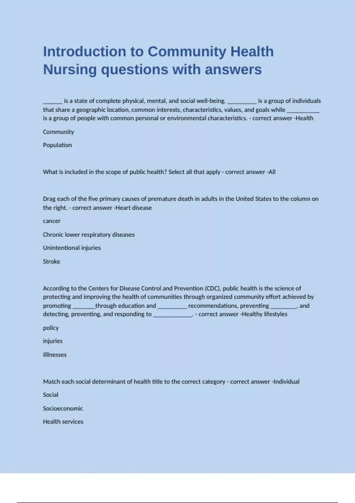 Introduction to Community Health Nursing questions with answers ...