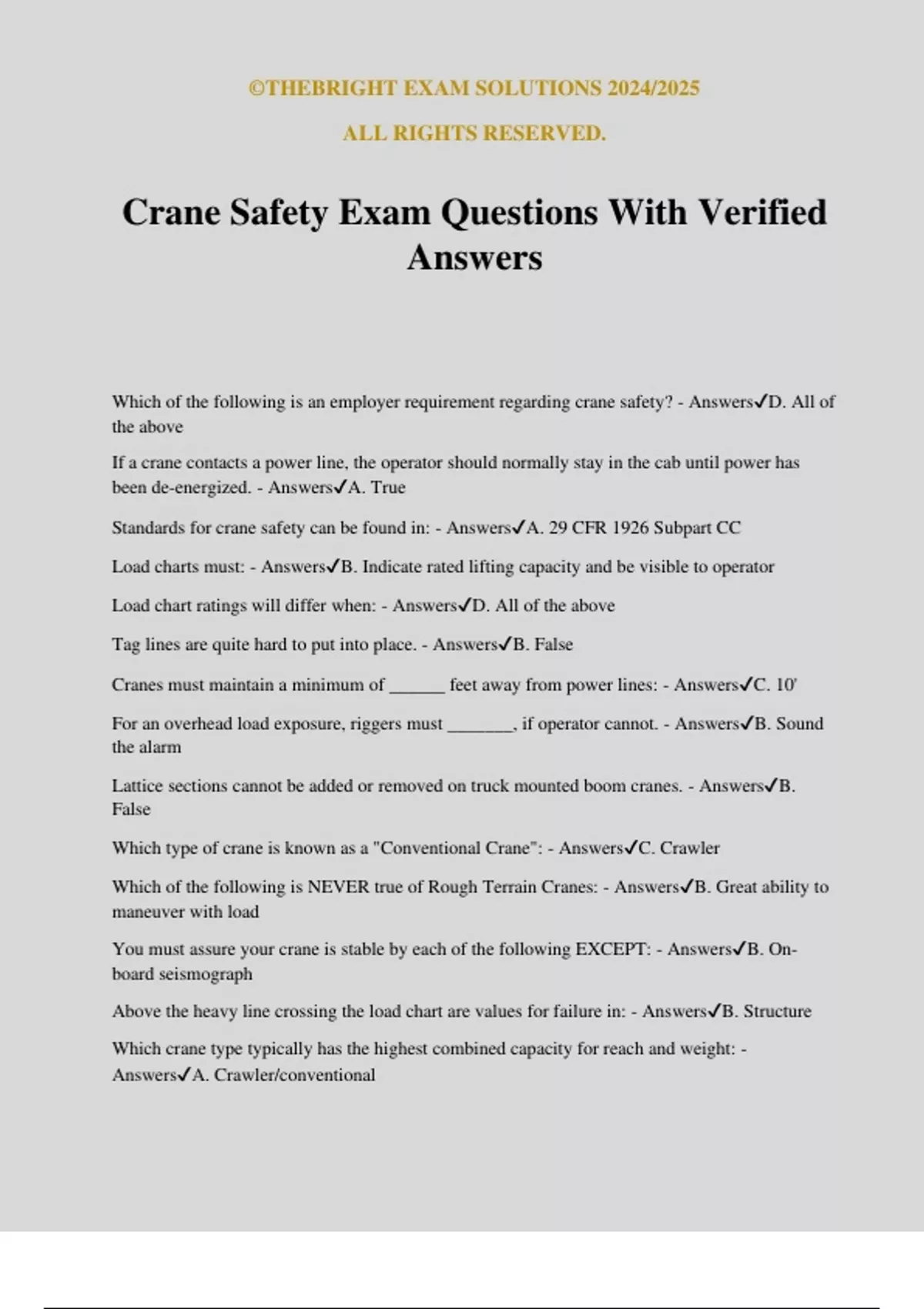 Crane Safety Exam Questions With Verified Answers - Crane Safety ...