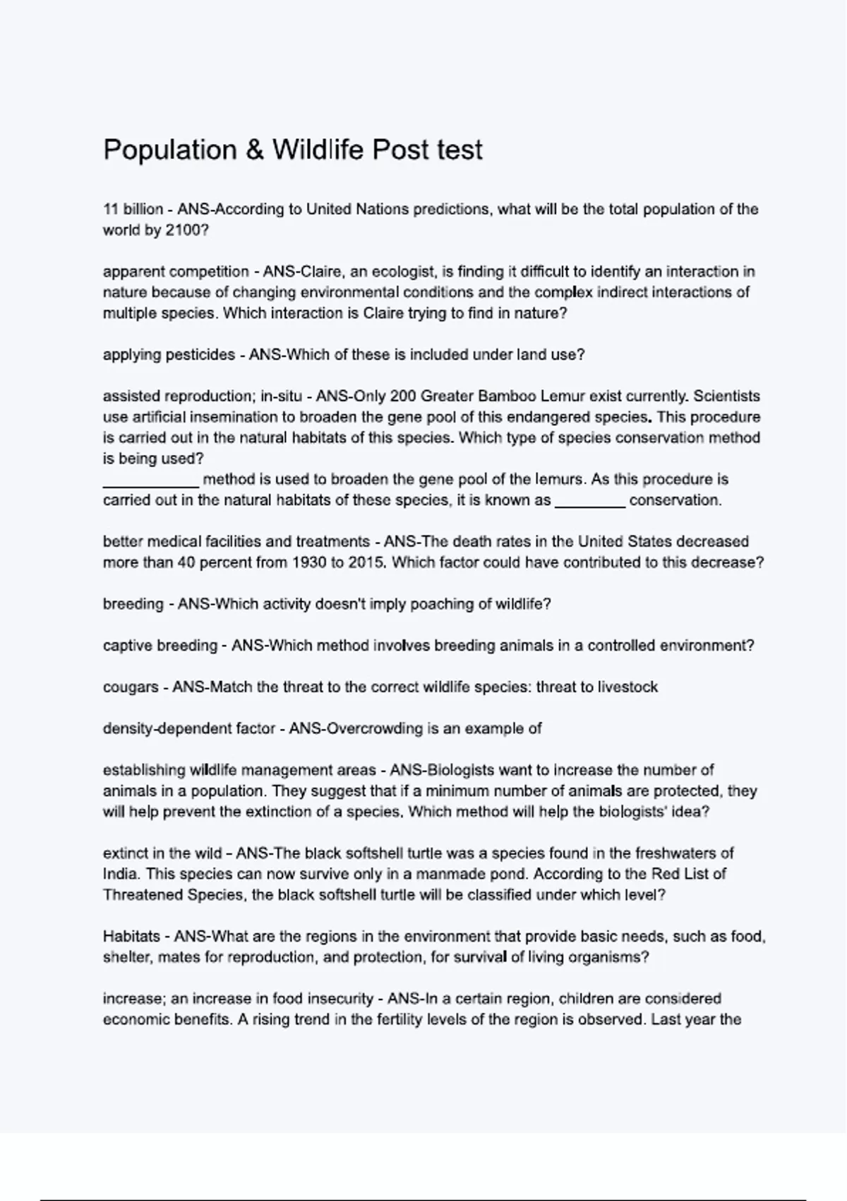 Population & Wildlife Post test Exam (Latest Update 2024 / 2025 ...