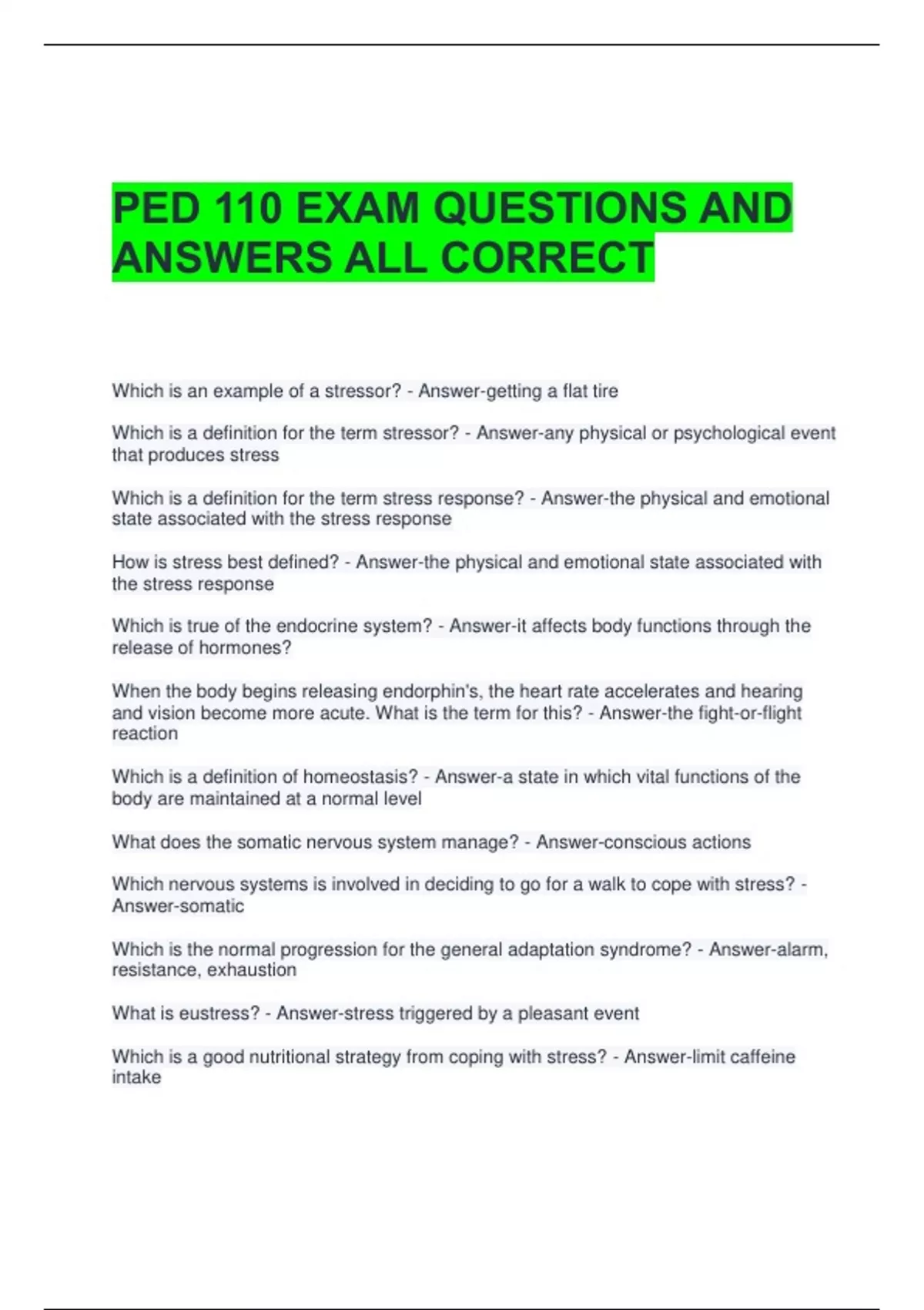 PED 110 EXAM QUESTIONS AND ANSWERS ALL CORRECT - PED 110 - Stuvia US