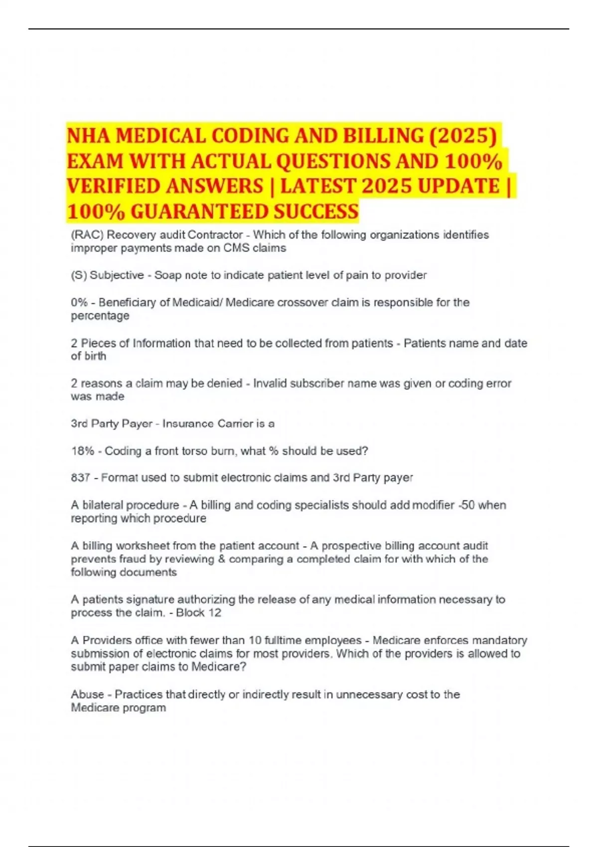 NHA MEDICAL CODING AND BILLING (2025) EXAM WITH ACTUAL QUESTIONS AND ...