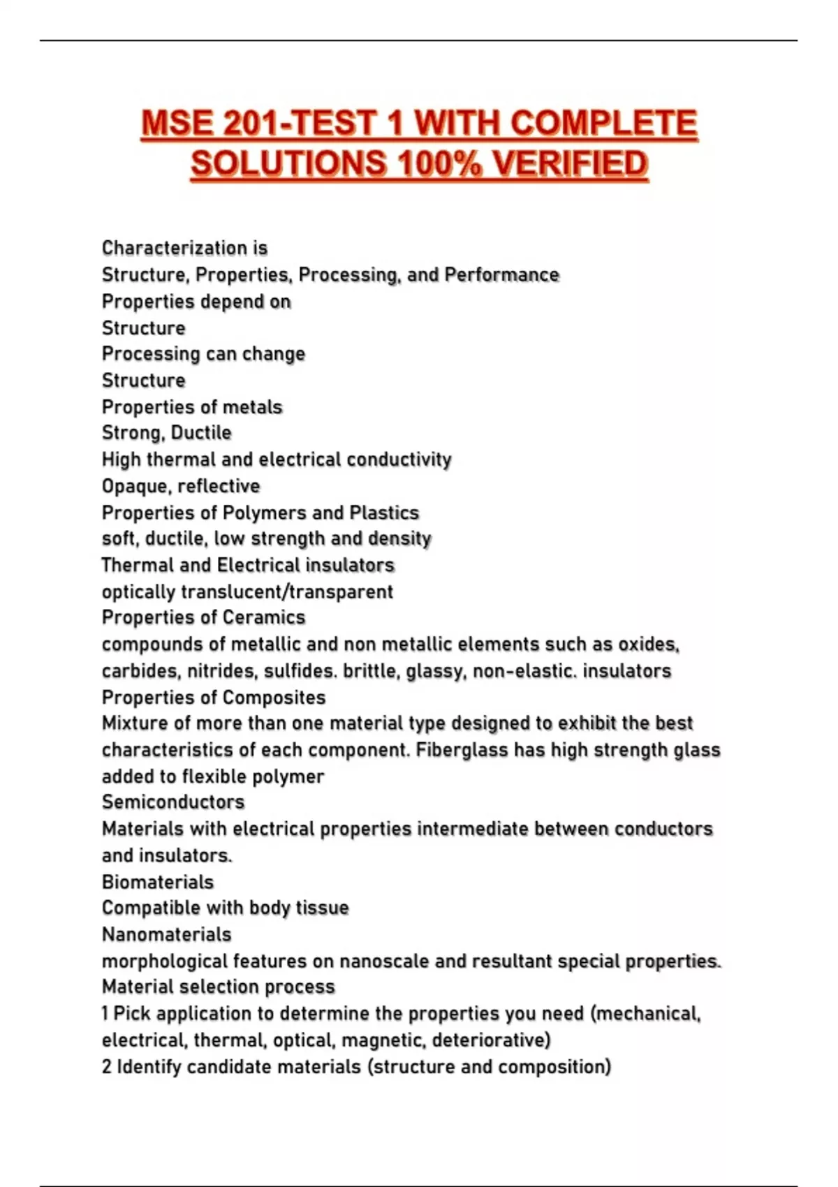 MSE 201-TEST 1 WITH COMPLETE SOLUTIONS 100% VERIFIED - MSE 201 - Stuvia US