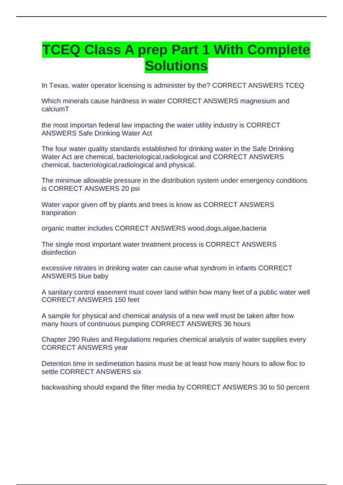 TCEQ Class A prep Part 1 With Complete Solutions - Tceq - Stuvia US