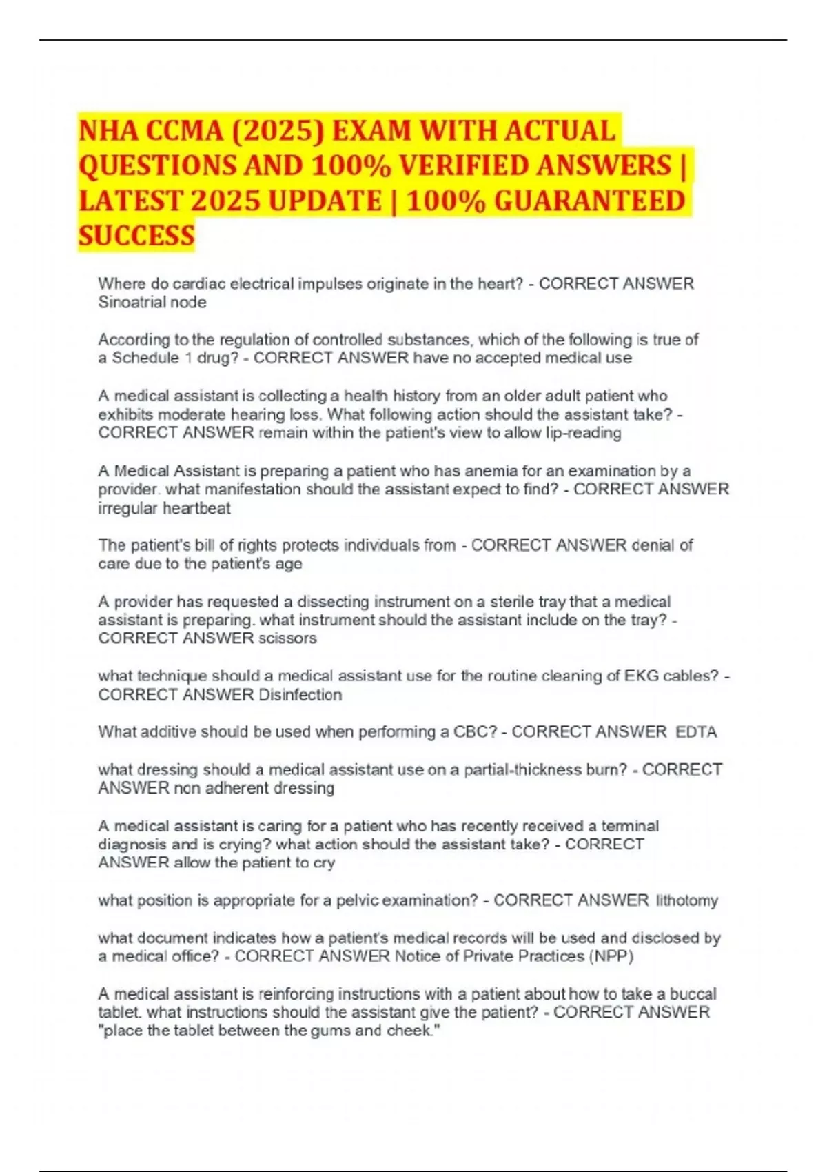 NHA CCMA (2025) EXAM WITH ACTUAL QUESTIONS AND 100% VERIFIED ANSWERS ...