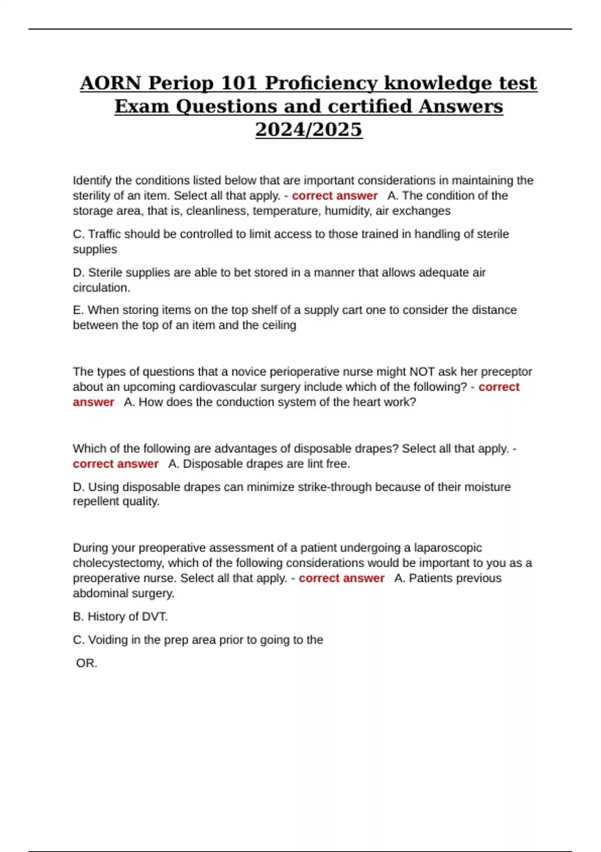 AORN Periop 101 Proficiency knowledge test Exam Questions and certified ...