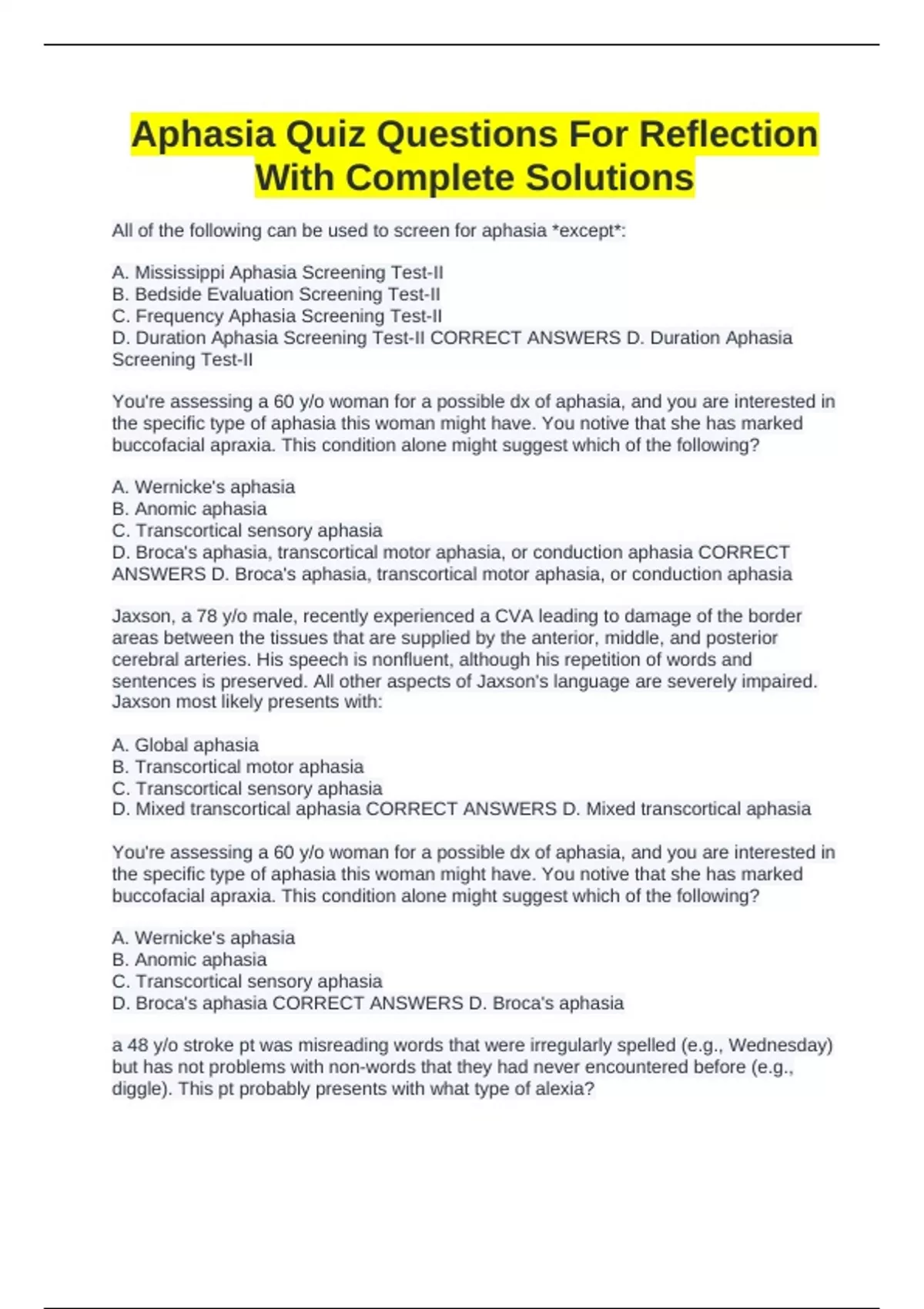 Aphasia Quiz Questions For Reflection With Complete Solutions - Aphasia ...