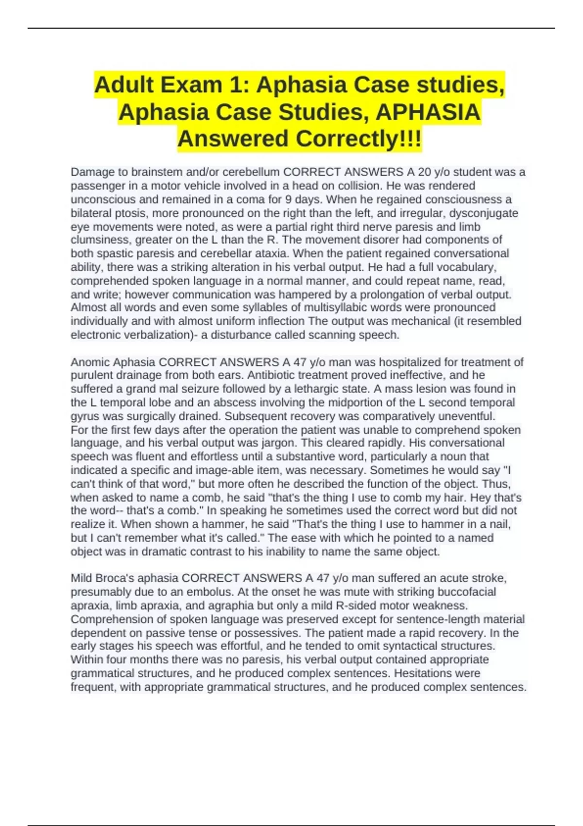 Adult Exam 1: Aphasia Case studies, Aphasia Case Studies, APHASIA ...