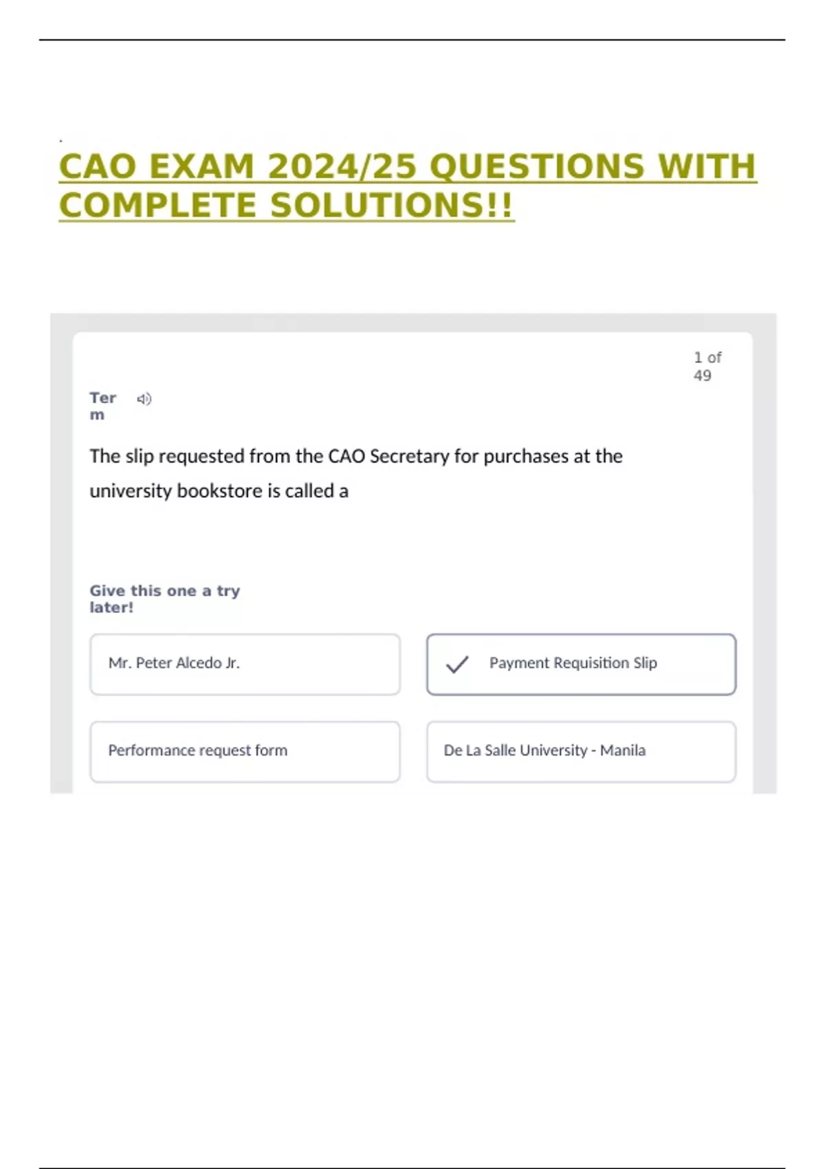 CAO EXAM 2024/25 QUESTIONS WITH COMPLETE SOLUTIONS!! - CAO - Stuvia US