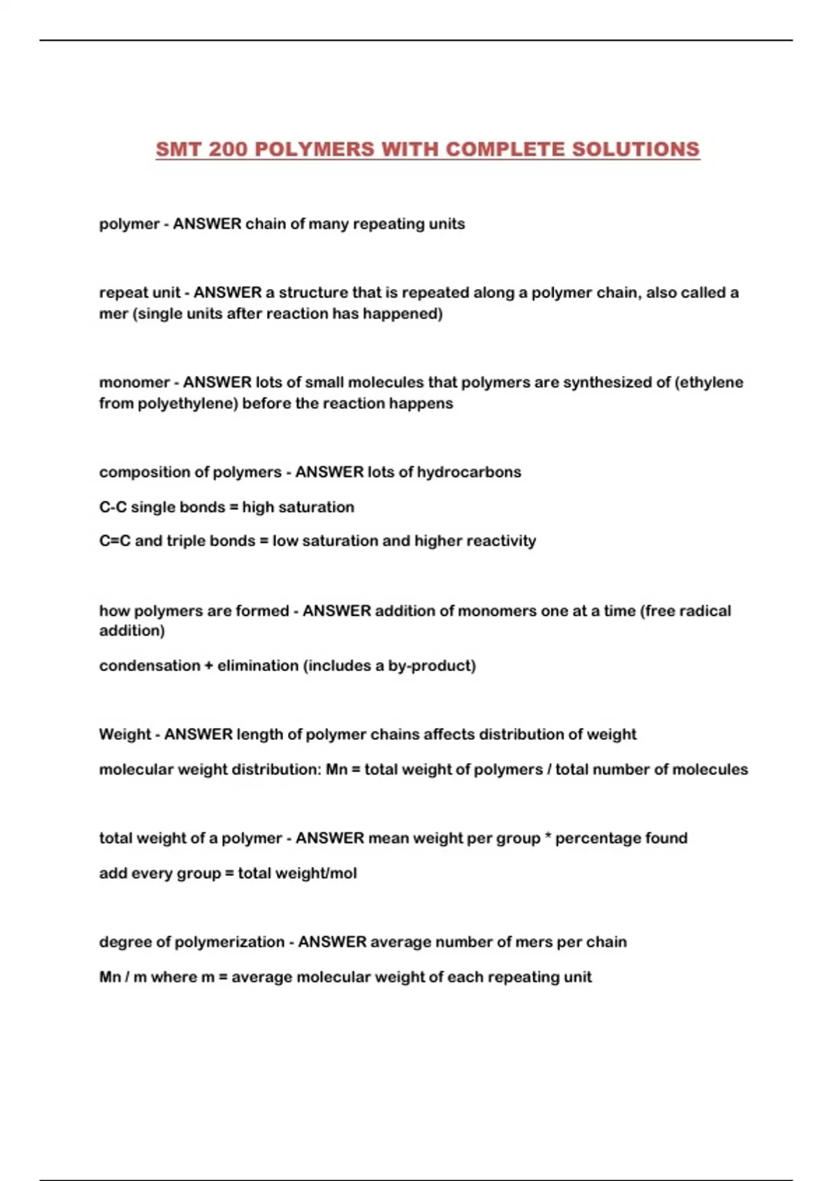 SMT 200 POLYMERS WITH COMPLETE SOLUTIONS - SMT 200 POLYMERS - Stuvia US