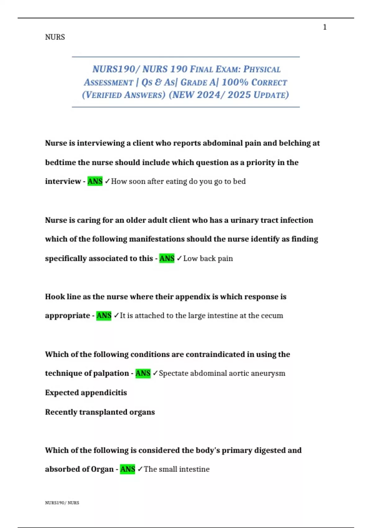 NURS190/ NURS 190 FINAL EXAM: PHYSICAL ASSESSMENT | QS & AS| GRADE A| 100% CORRECT (VERIFIED ...