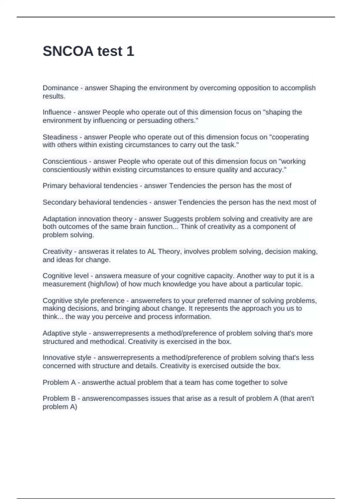 SNCOA test 1 Questions and Answers 100% correct - Snco - Stuvia US