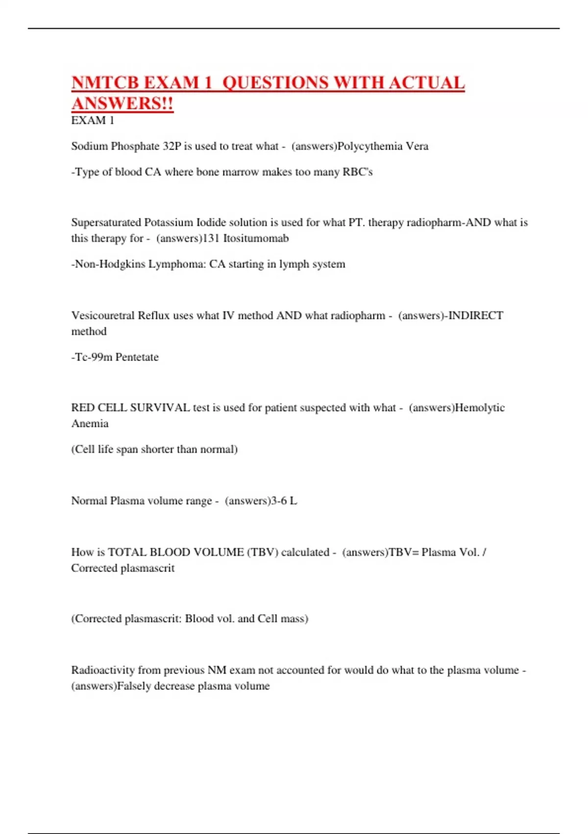 NMTCB EXAM 1 QUESTIONS WITH ACTUAL ANSWERS!! - NMTCB - Stuvia US