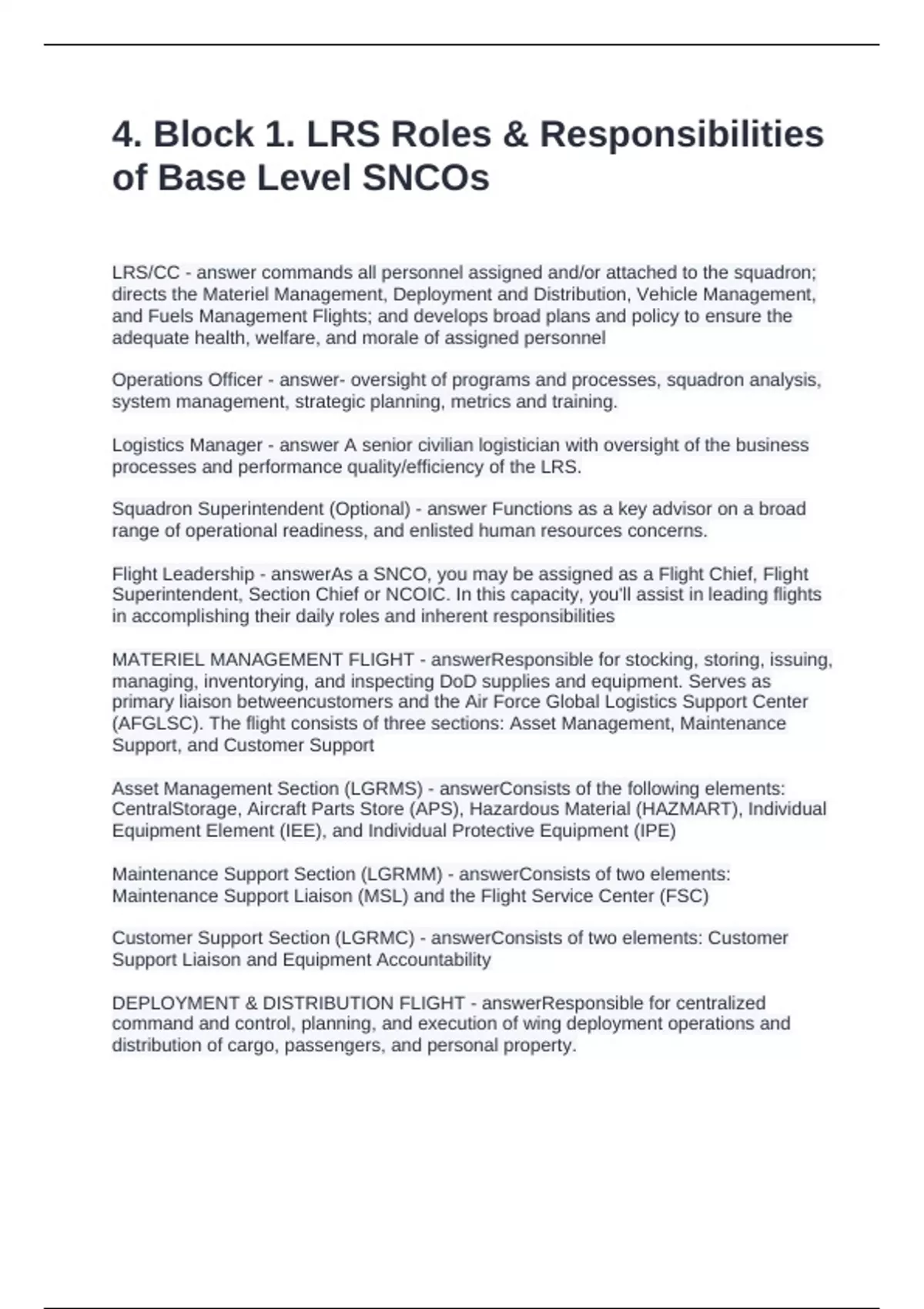 4. Block 1. LRS Roles & Responsibilities of Base Level SNCOs Questions with Solutions - Snco ...
