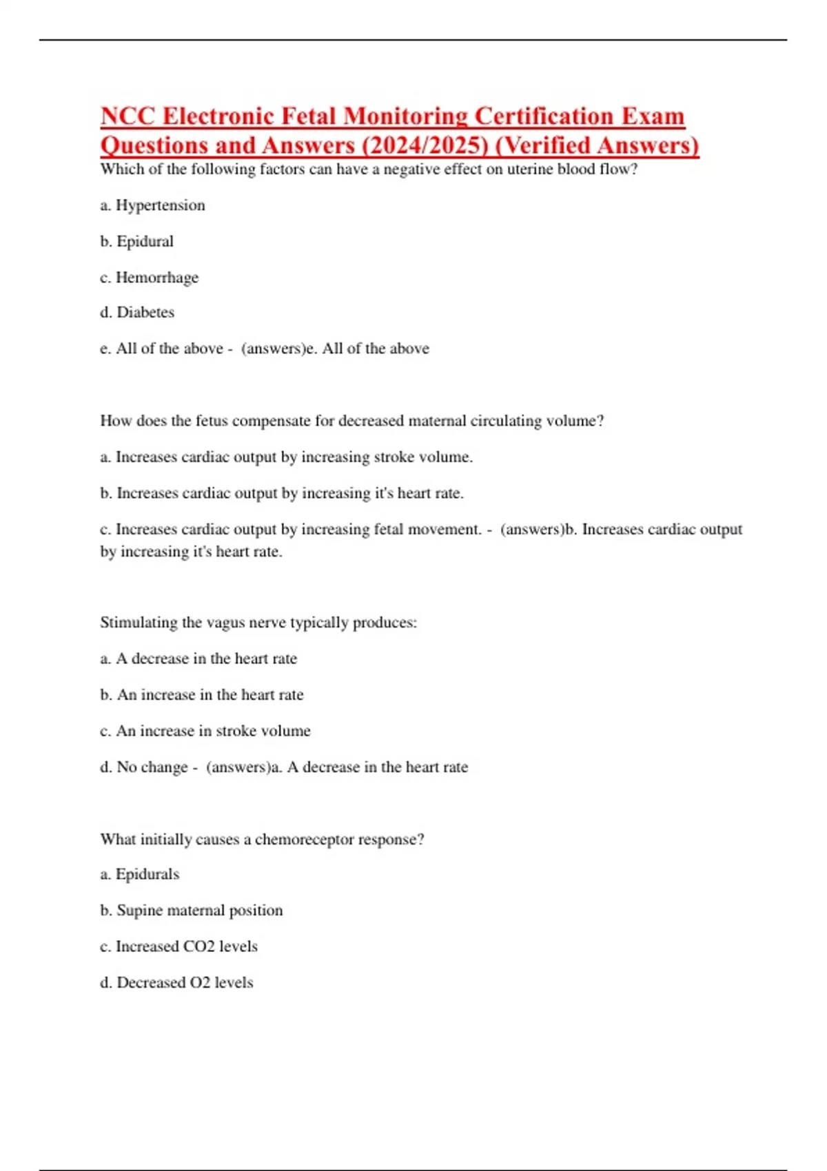 NCC Electronic Fetal Monitoring Certification Exam Questions and Answers (2024/2025) (Verified ...
